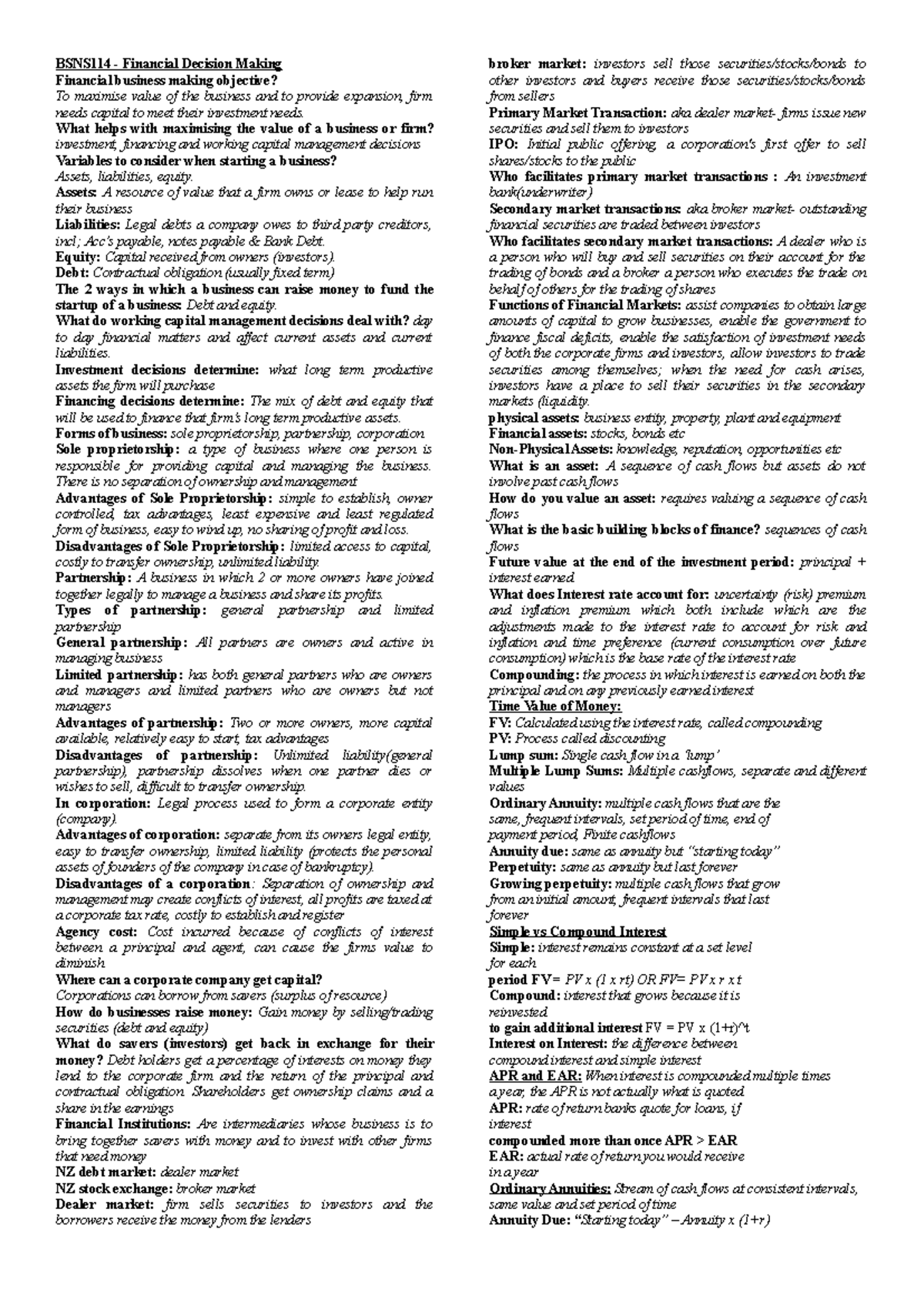 BSNS114 - cheat sheet - BSNS114 - Financial Decision Making Financial ...