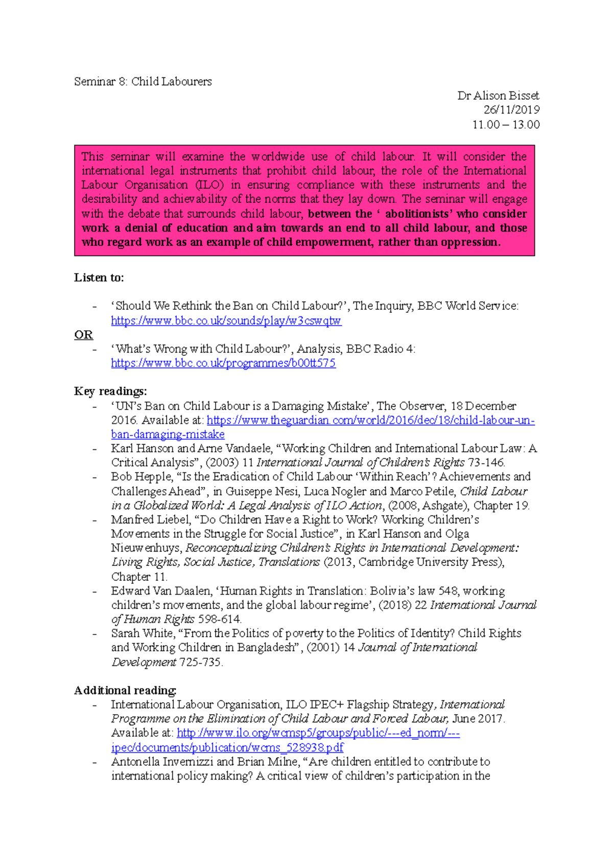 Seminar 8 Child Labour - Seminar 8: Child Labourers Dr Alison Bisset 26 ...