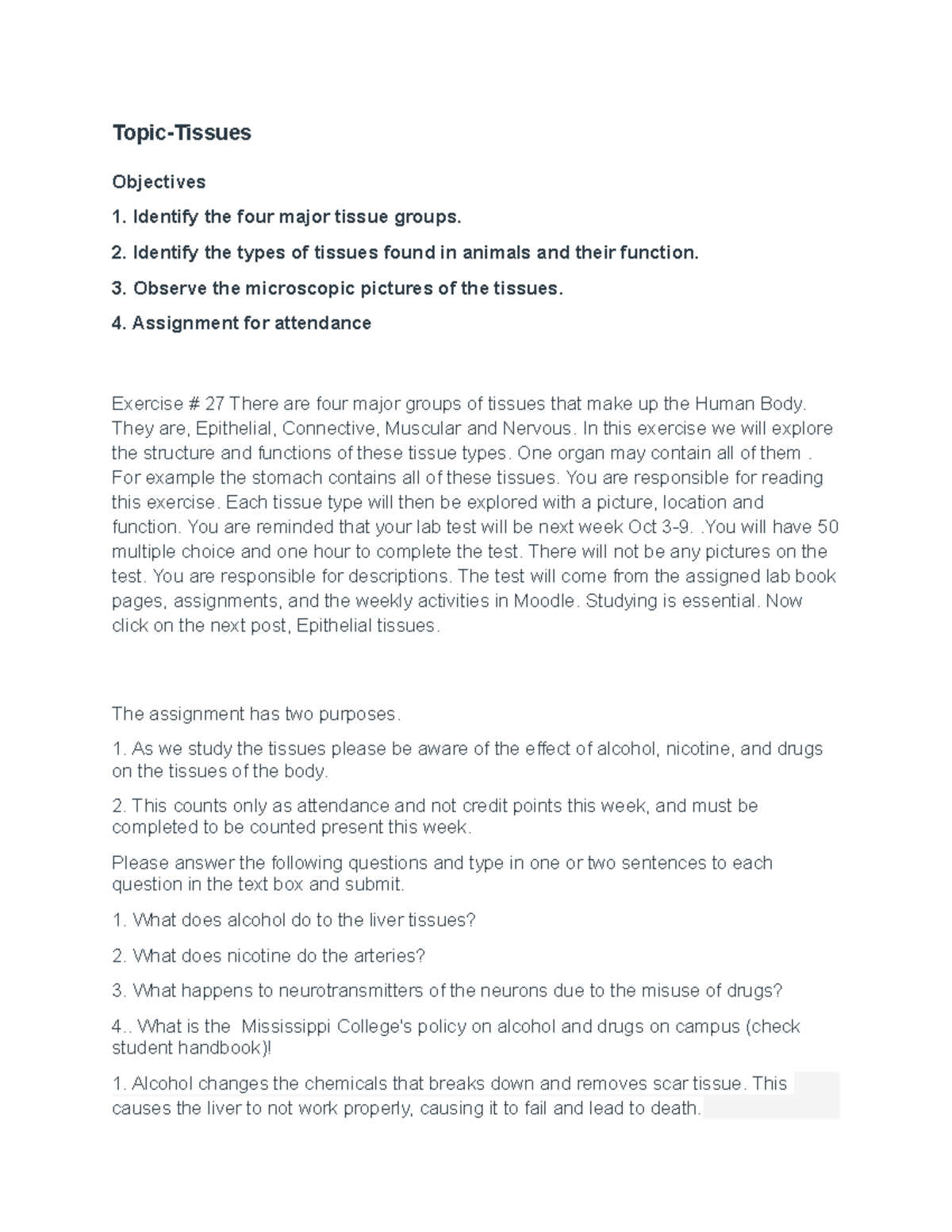 Human Bio Lab Tissues - Topic-Tissues Objectives Identify the four ...