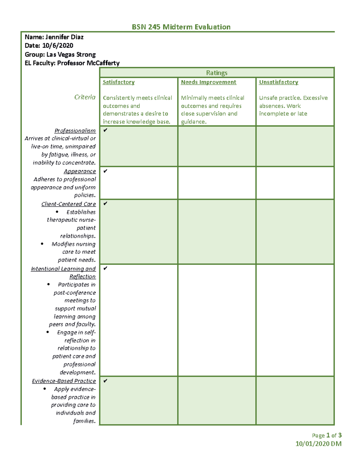 245 Midterm Evaluation Form - BSN 245 Midterm Evaluation Name: Jennifer ...