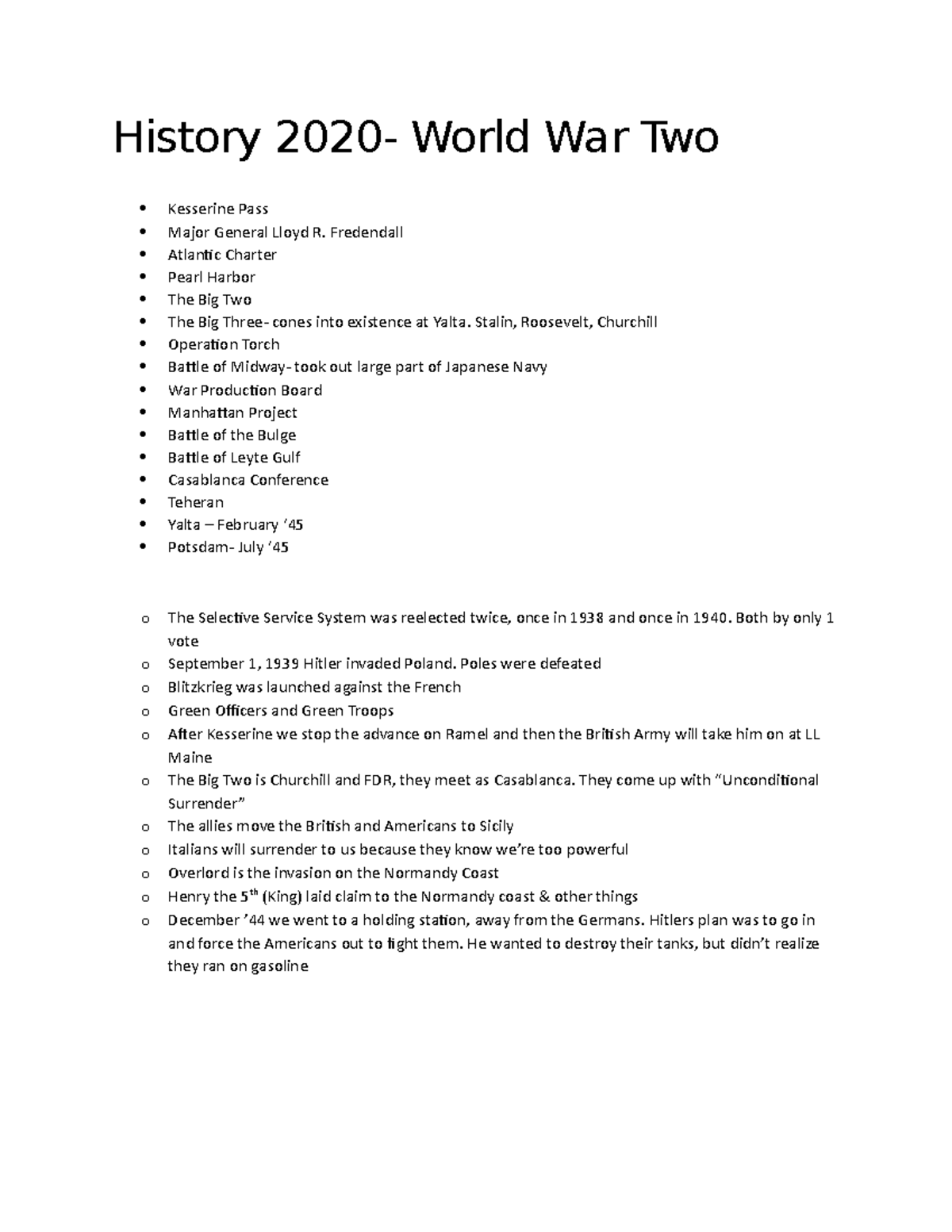 History WW2 - Lecture notes - History 2020- World War Two Kesserine ...