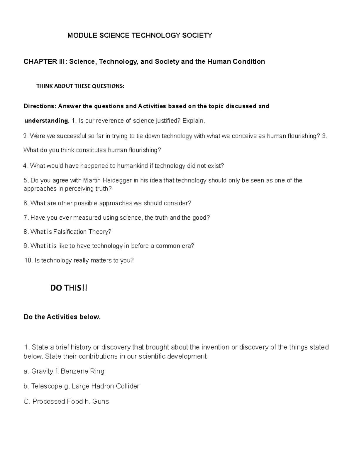 ACT 3 STS - sts - MODULE SCIENCE TECHNOLOGY SOCIETY CHAPTER III: Science, Technology, and ...