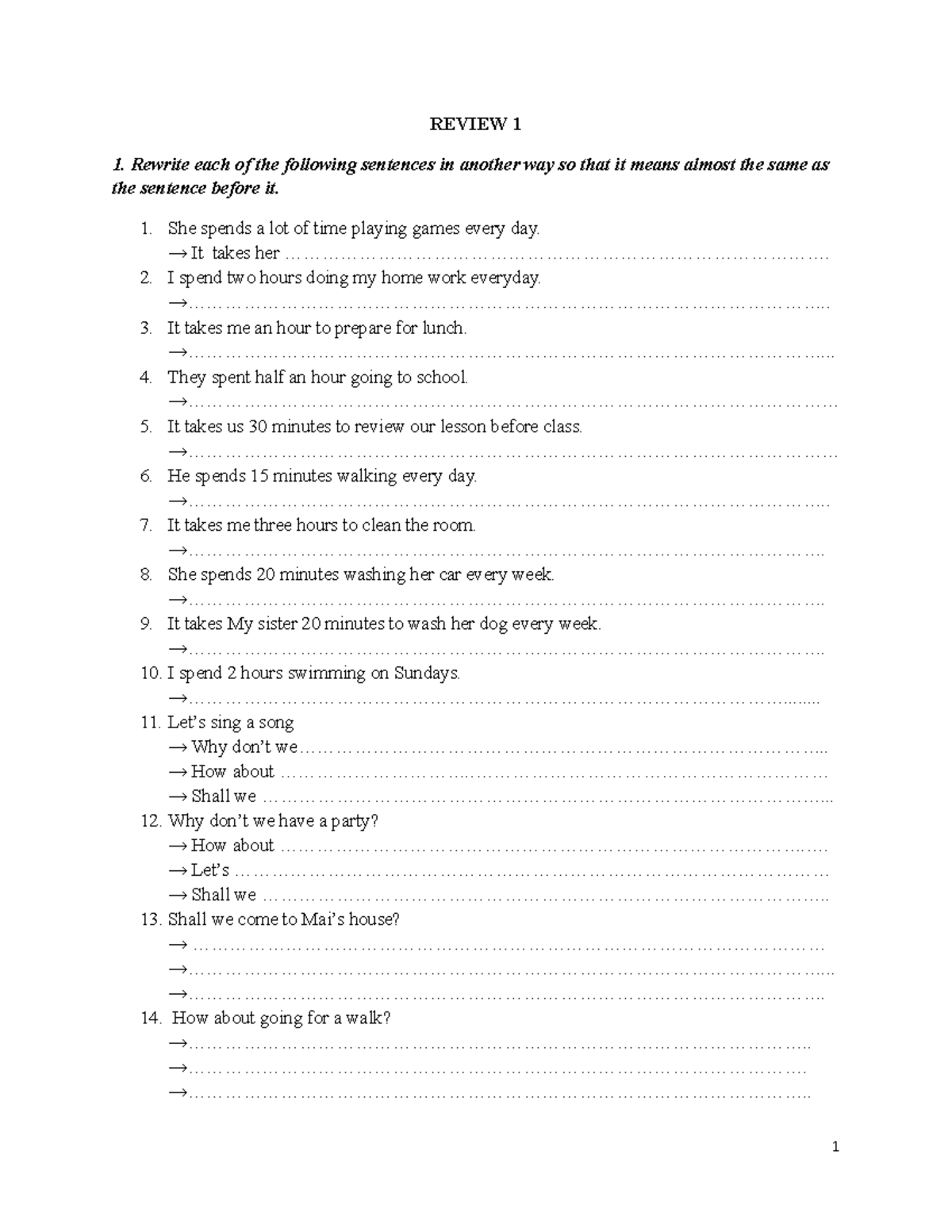 Review 1 - english 7 - REVIEW 1 1. Rewrite each of the following ...