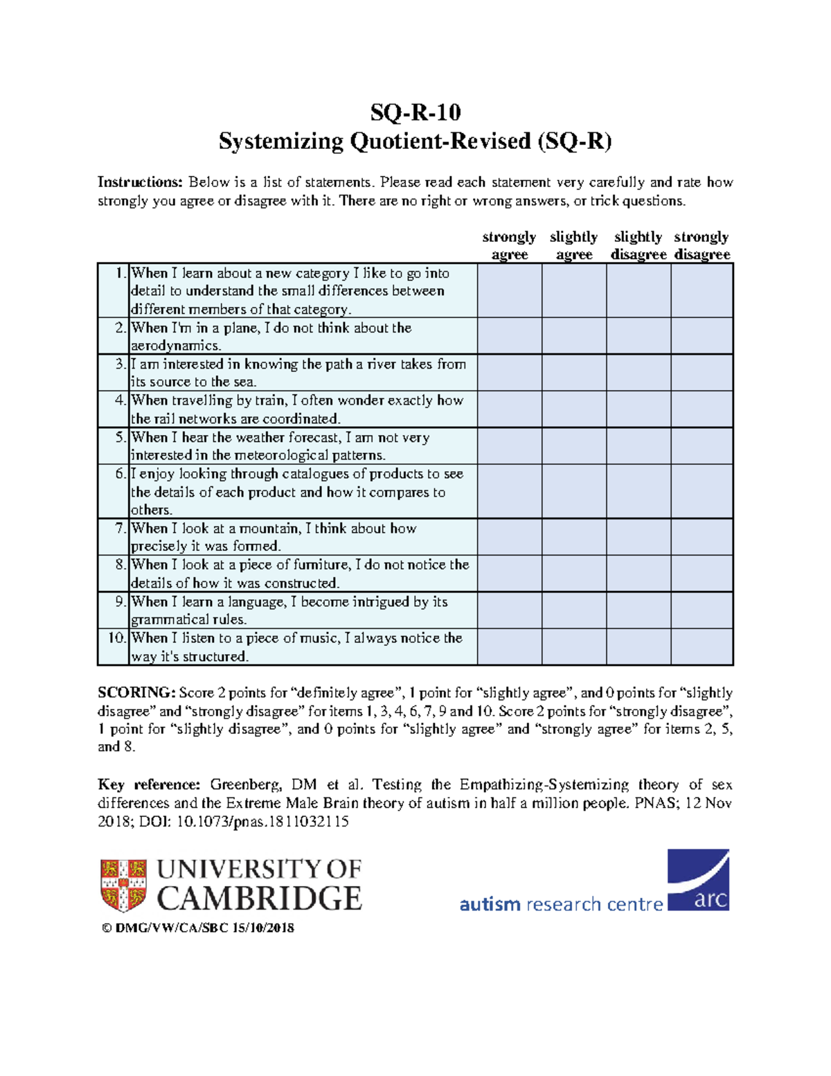 SQ10-Adult - Practice help - SQ-R- Systemizing Quotient-Revised (SQ-R ...