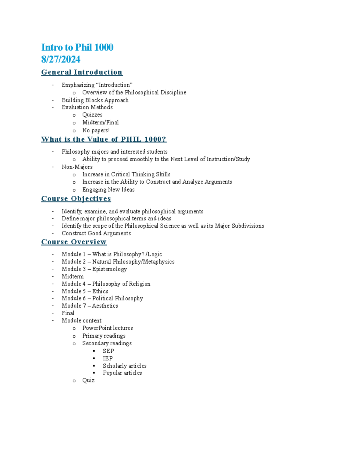 Phil 1000 - Lecture notes from the fall semester in Intro to Philosophy ...