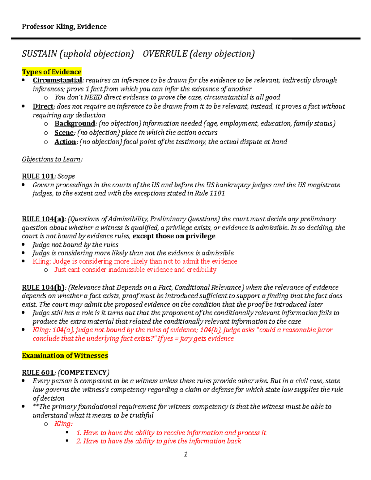 Evidence (Kling) - all objections - Professor Kling, Evidence SUSTAIN ...