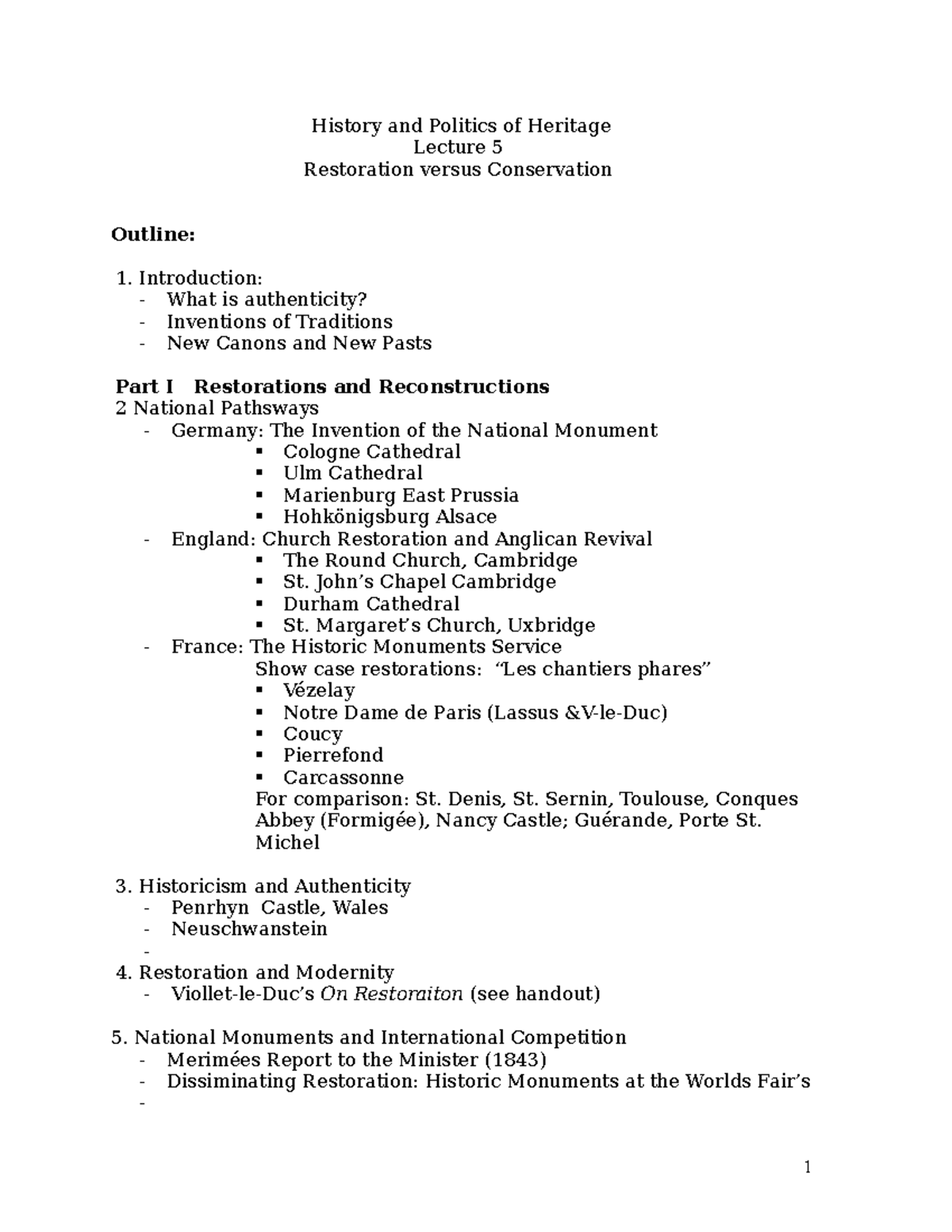 Restoration versus conservation- notes - History and Politics of ...