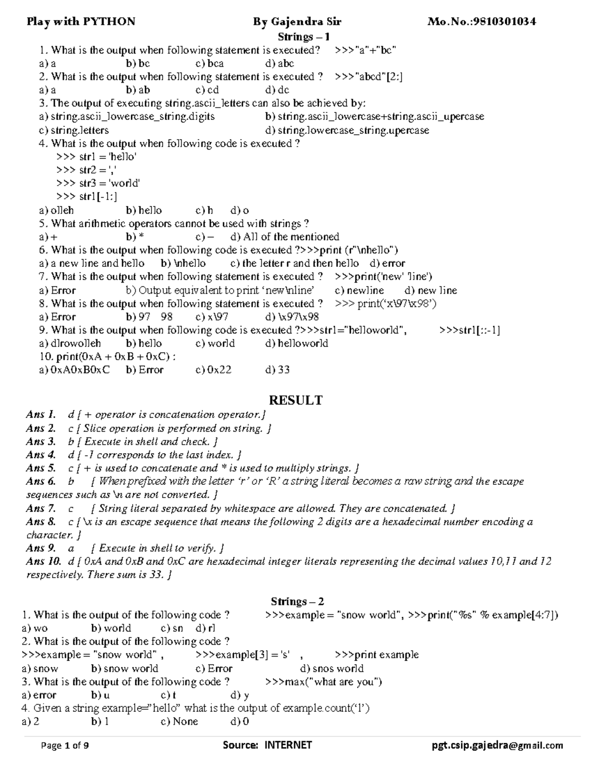 Computer Science - Play with PYTHON By Gajendra Sir Mo.: Page 1 of 9 ...