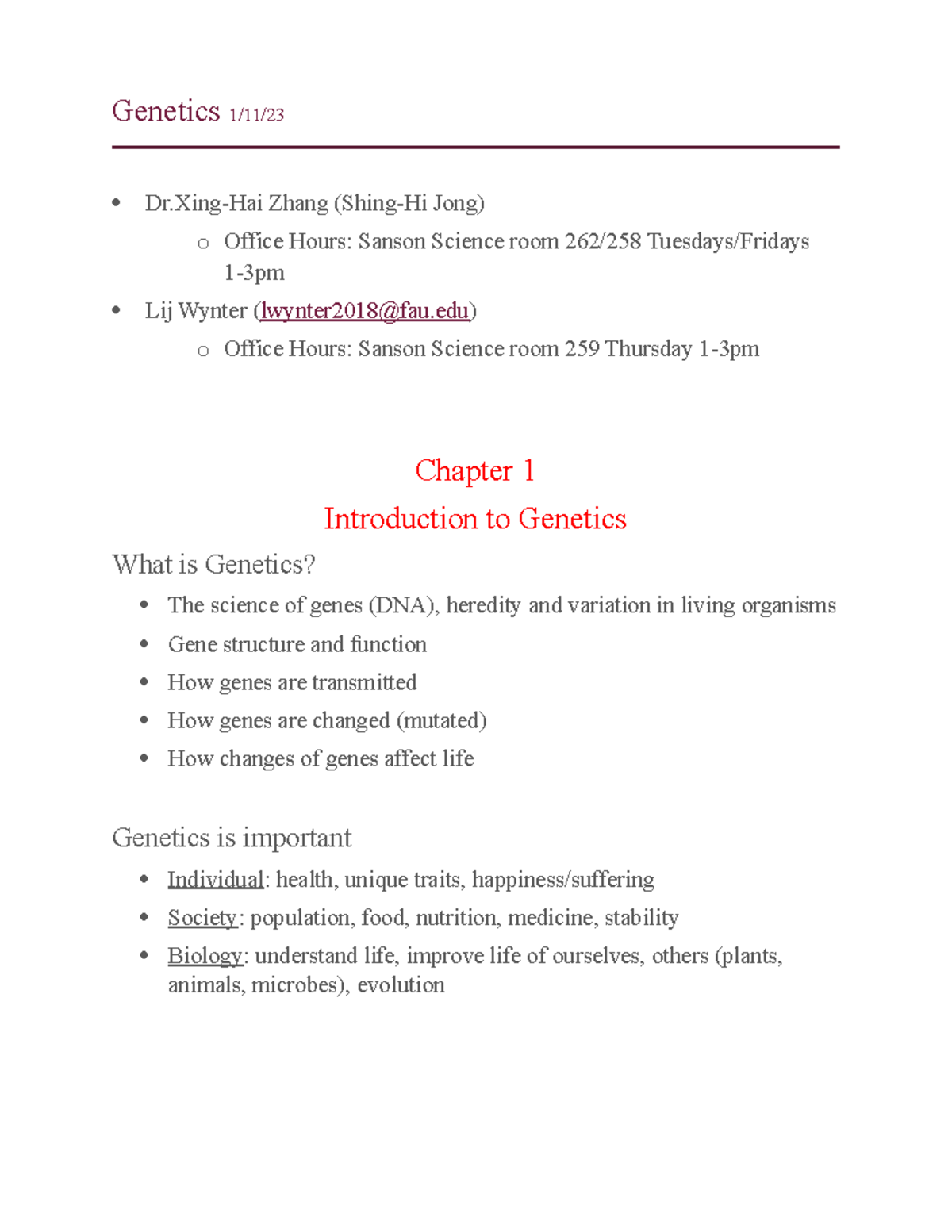 Genetics notes jan 11 - Chapter 2 - Genetics 1/11/ Dr-Hai Zhang (Shing ...