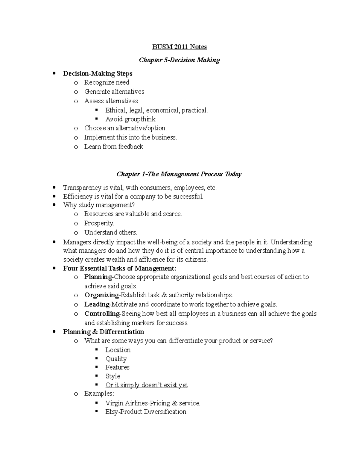 Management Notes - BUSM 2011 Notes Chapter 5-Decision Making Decision ...