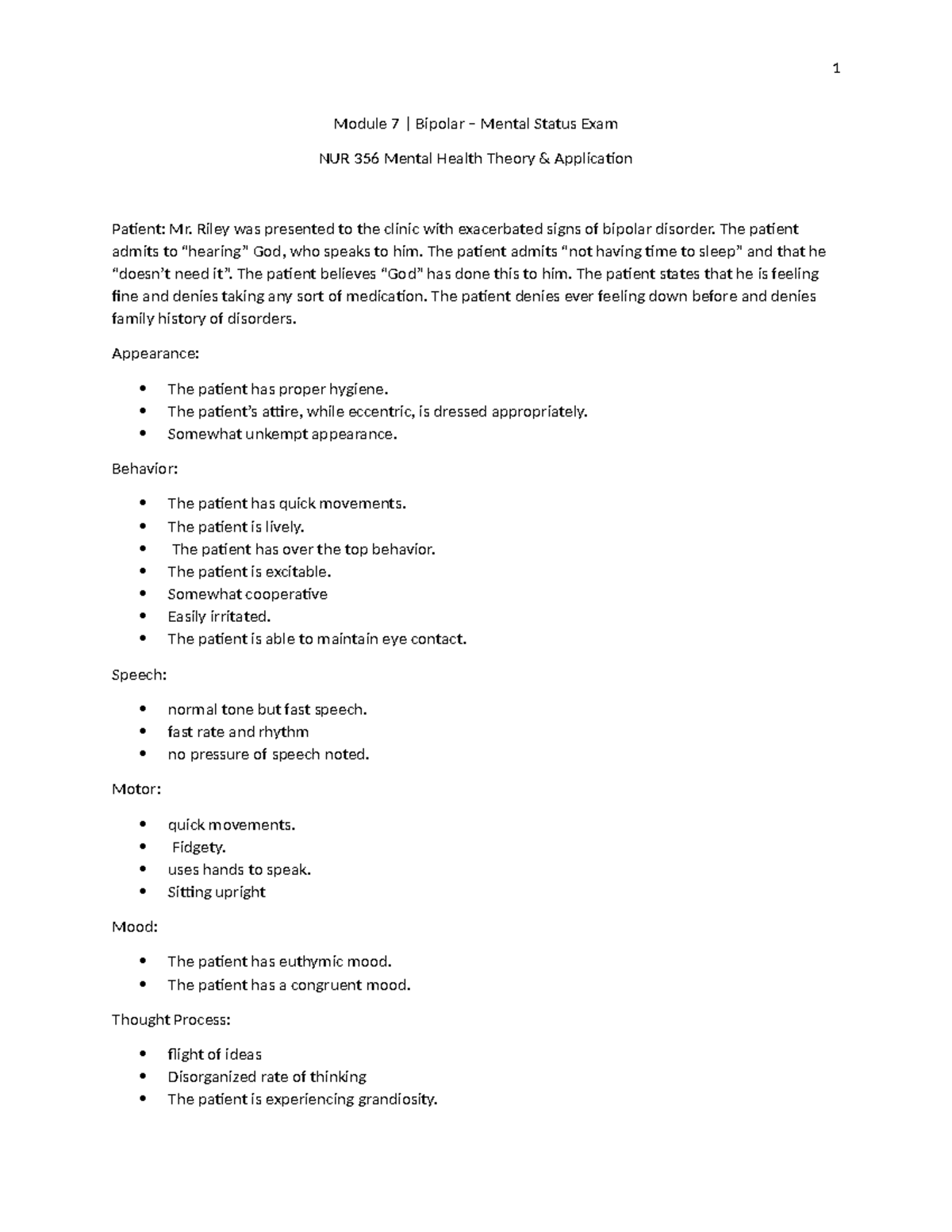 Bipolarmentalstatusexam - 1 Module 7 | Bipolar – Mental Status Exam NUR ...