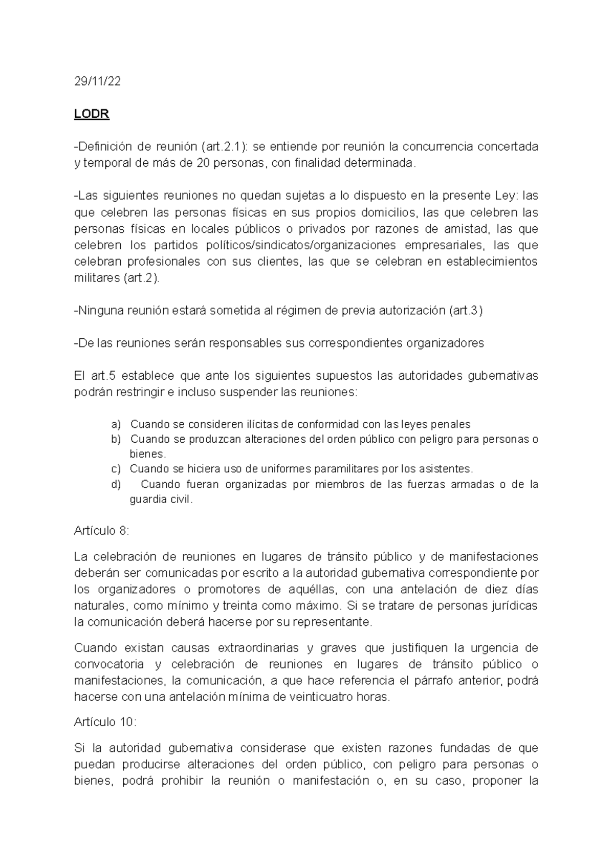 21 Derecho de reunión y manifestación - 29/11/ LODR -Definición de ...