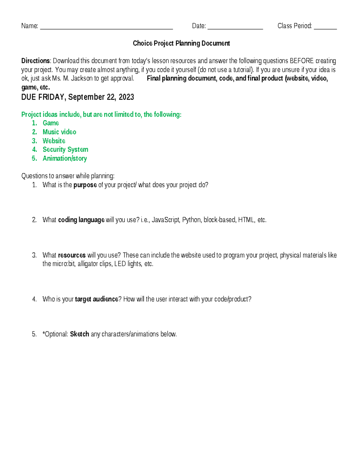 Planning Document Code Choice Project 9-14-23 - Name