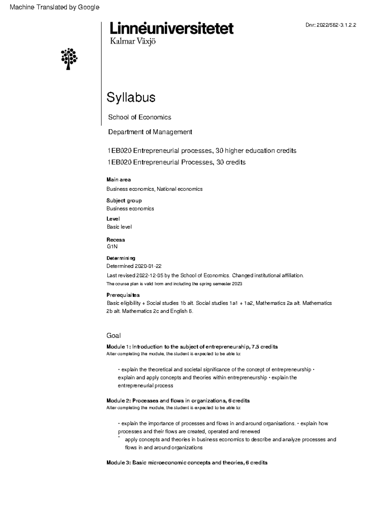 Course description - 1EB020 - Business economics Main area Business ...