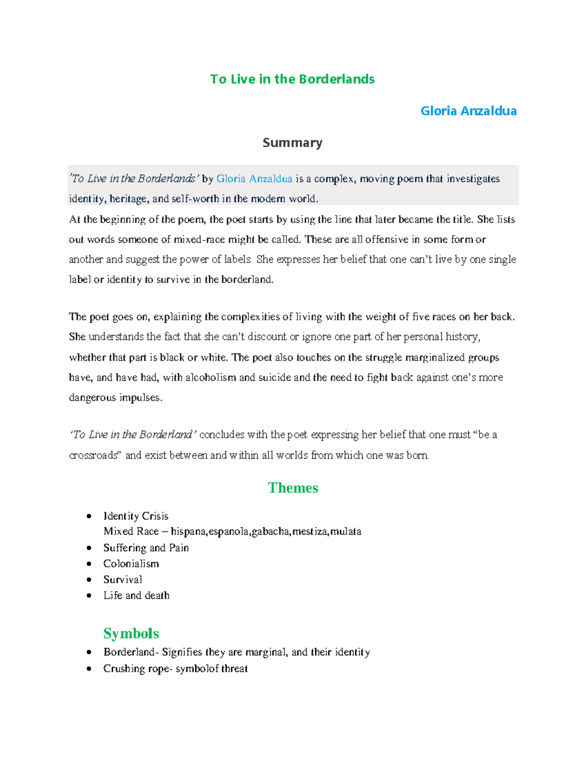 To Live in the Borderlands - To Live in the Borderlands Gloria Anzaldua ...