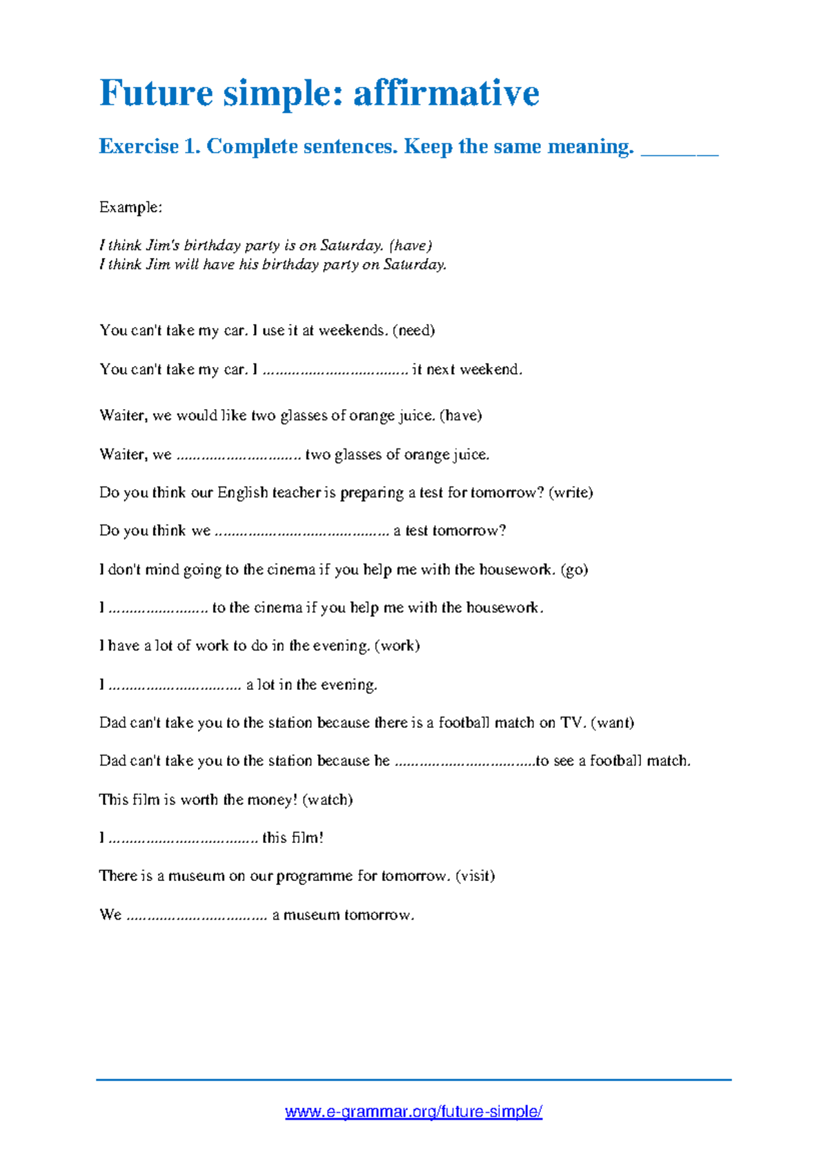 Future simple exercise 1 - e-grammar/future-simple/ Future simple ...