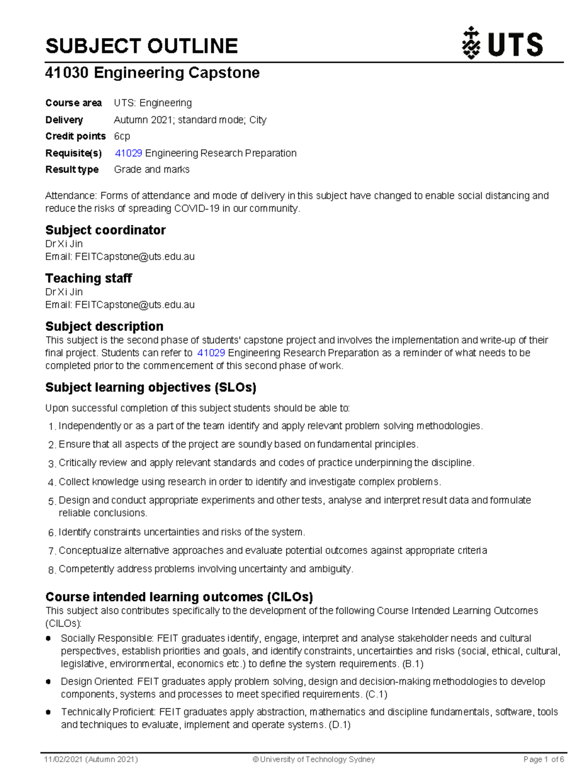 subject outline for capstone project - SUBJECT OUTLINE 41030 ...