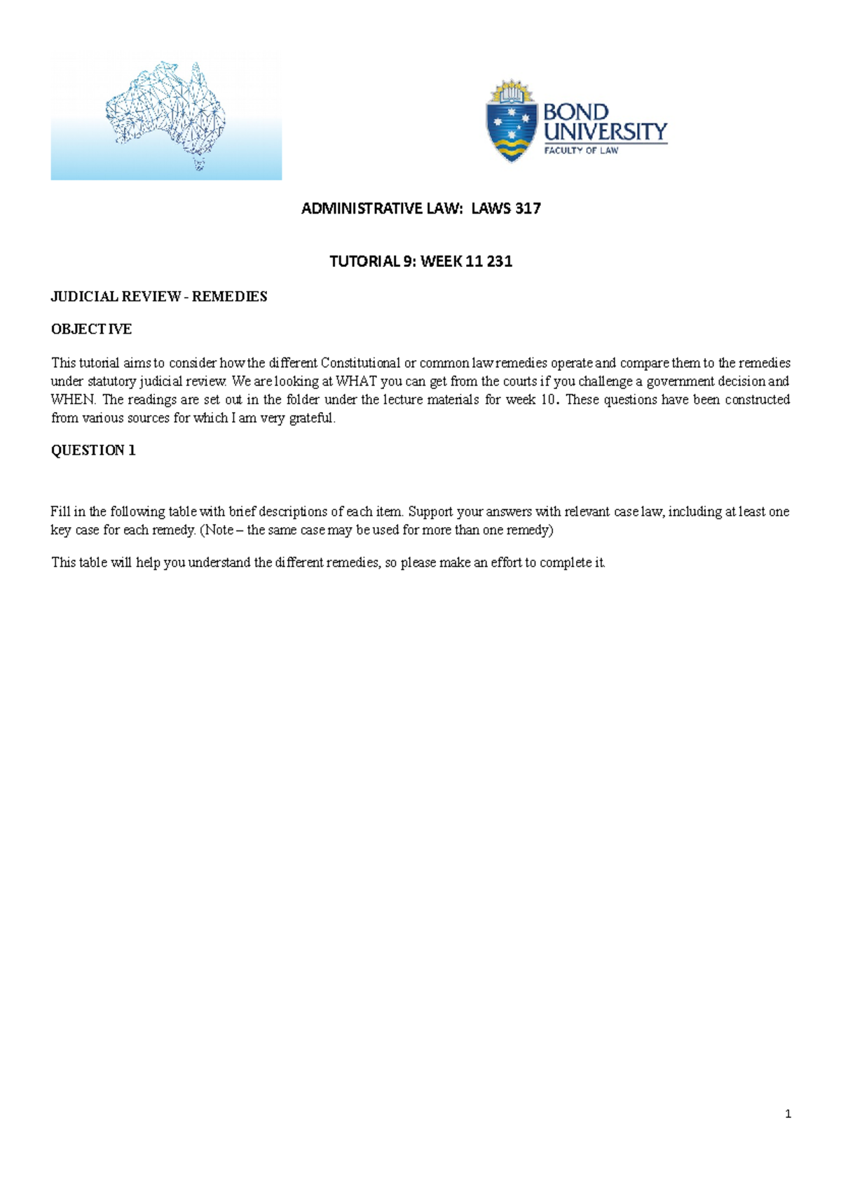 231 Tutorial 9 Wk 11 JR Remedies - ADMINISTRATIVE LAW: LAWS 317 ...