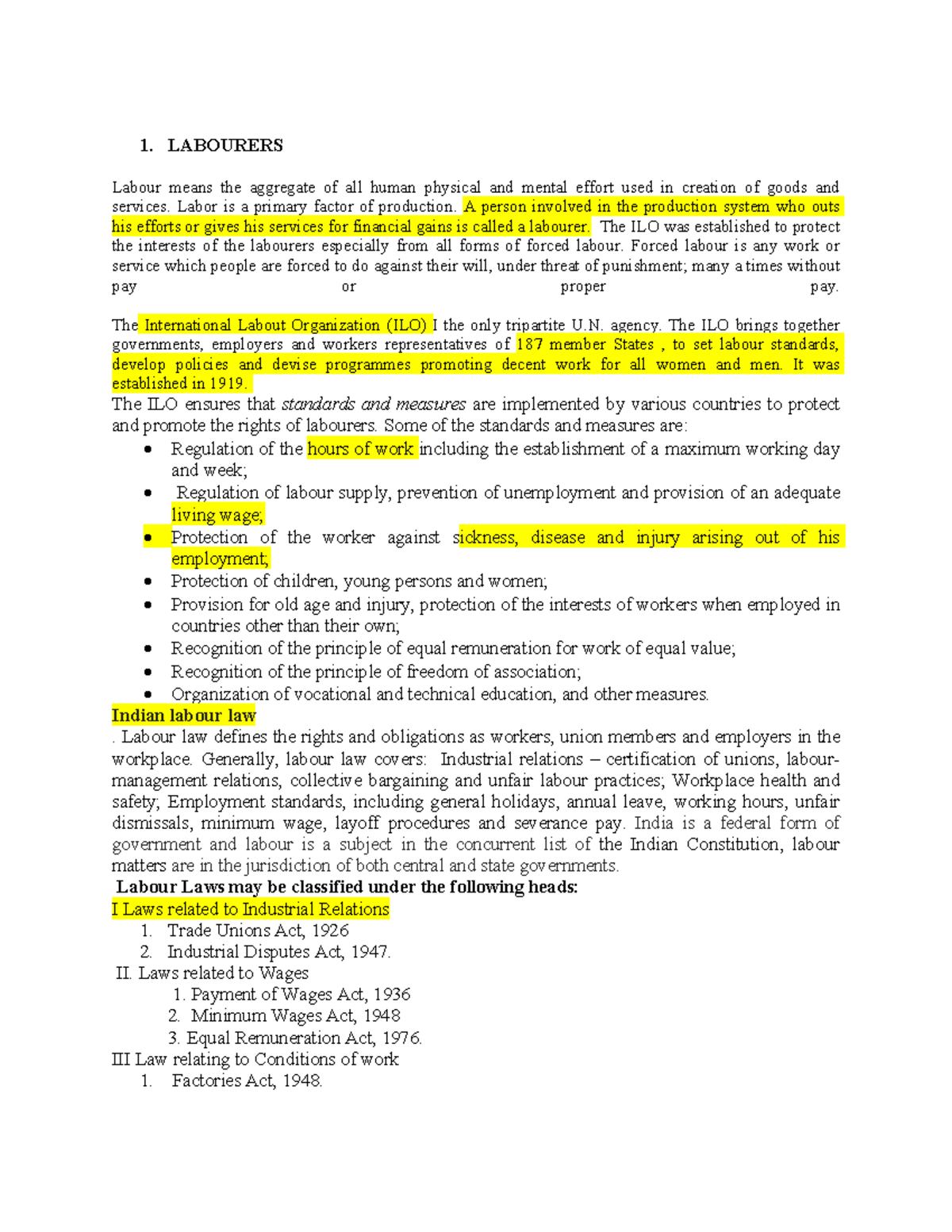 Marginalised notes - 1. LABOURERS Labour means the aggregate of all ...