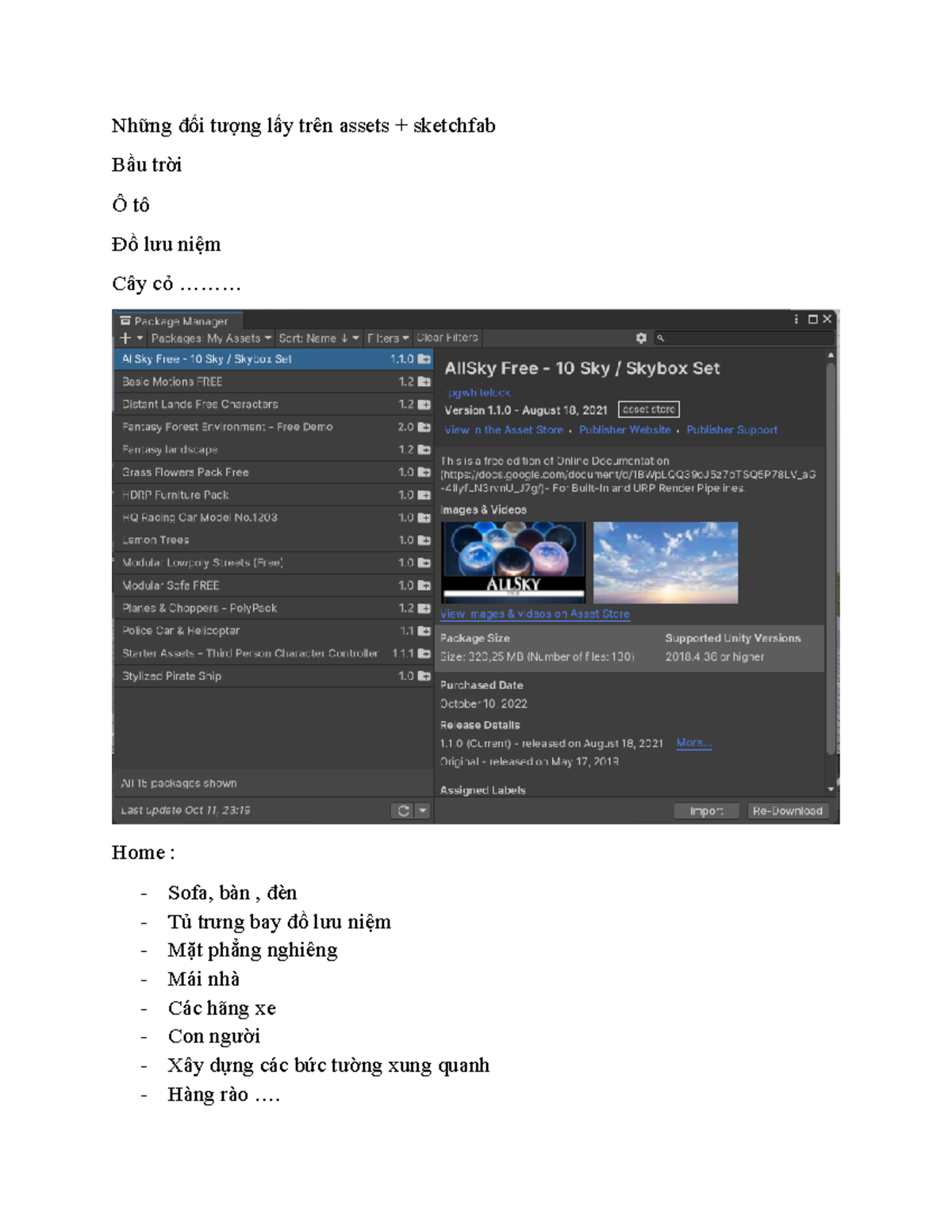 Sử dụng công cụ Probuilder - Những đối tượng lấy trên assets + sketchfab Bầu trời Ô tô Đồ lưu ...