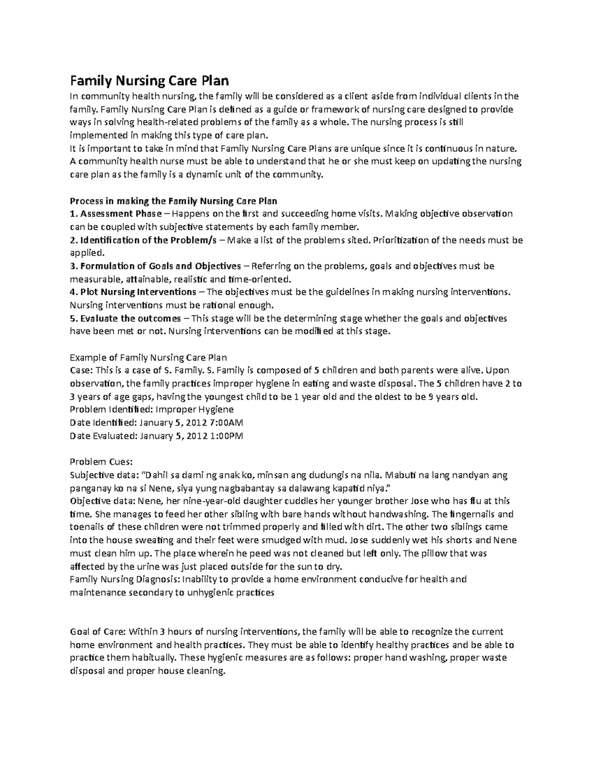 Family Nursing Care Plan - Family Nursing Care Plan is defined as a ...