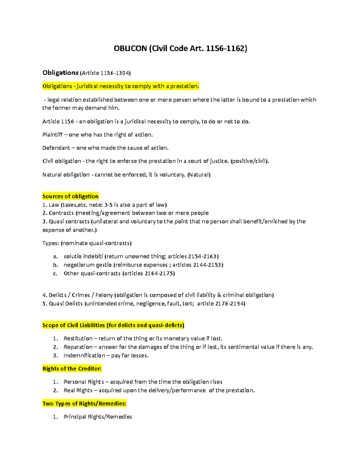 Obligation And Contracts NOTES 1st Year OBLICON Civil Code Art 1156