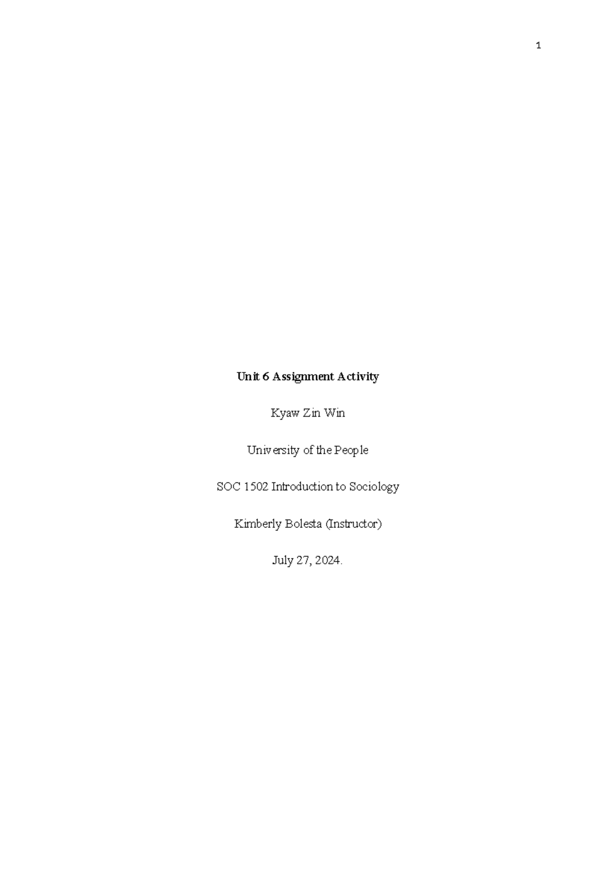 Soc 1502 Unit 6 Assignment Activity Unit 6 Assignment Activity Kyaw Zin Win University Of The