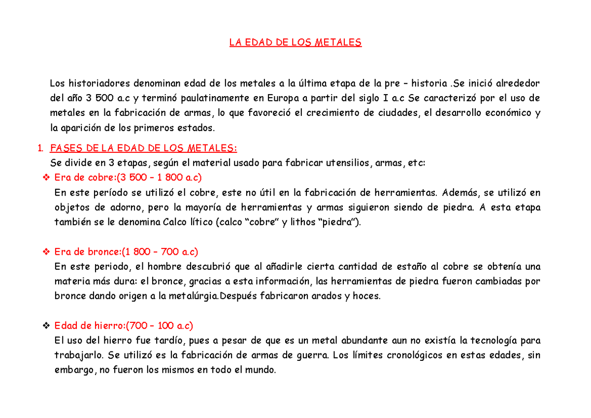 LA EDAD DE LOS Metales - Será útil - LA EDAD DE LOS METALES Los ...