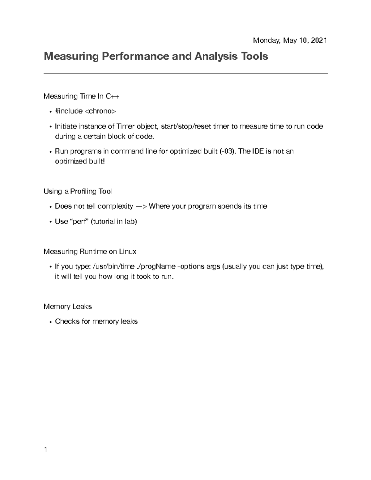 Lecture 4 - Analysis Tools - Monday, May 10, 2021 Measuring Performance ...