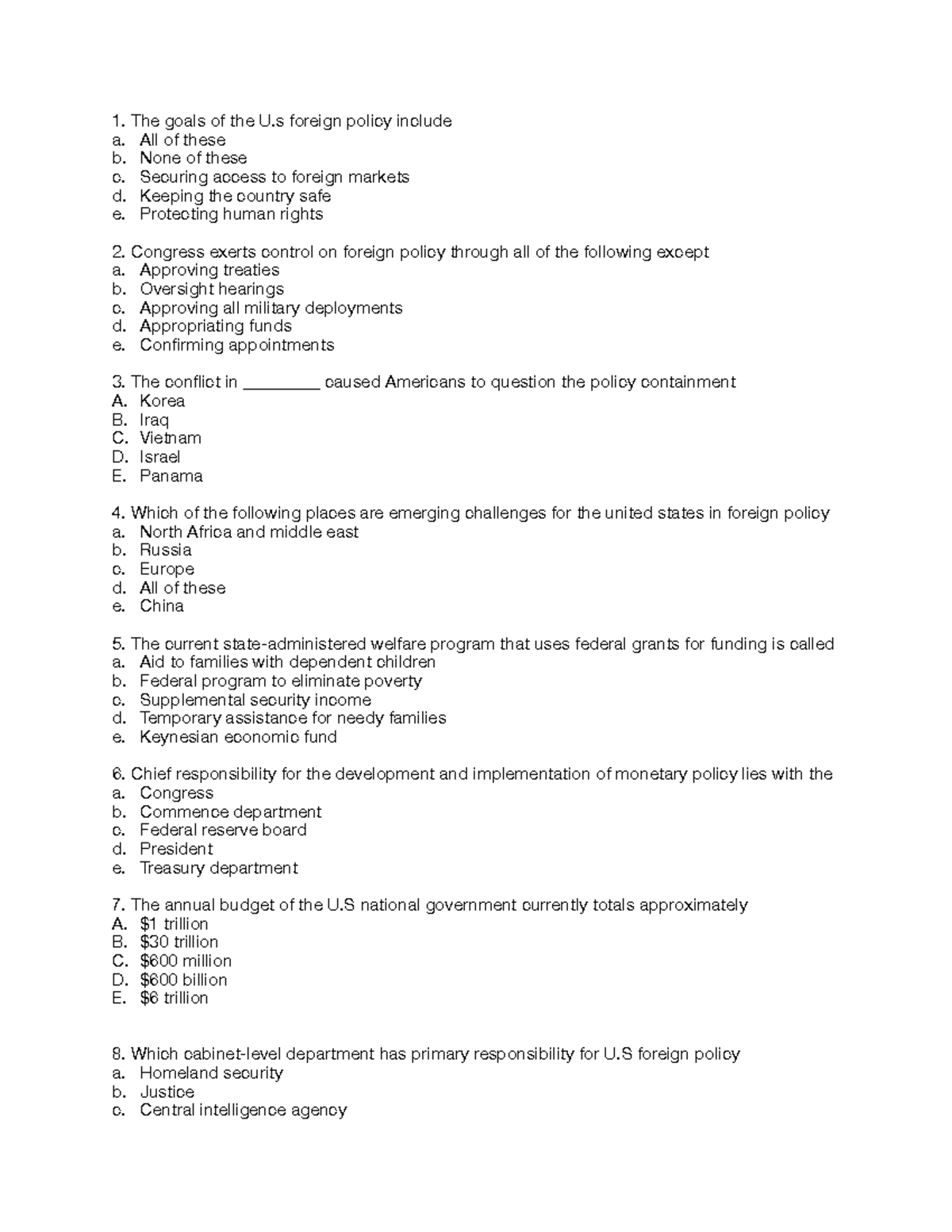 U.S. Foreign Policy and Government Functions Quiz - Studocu