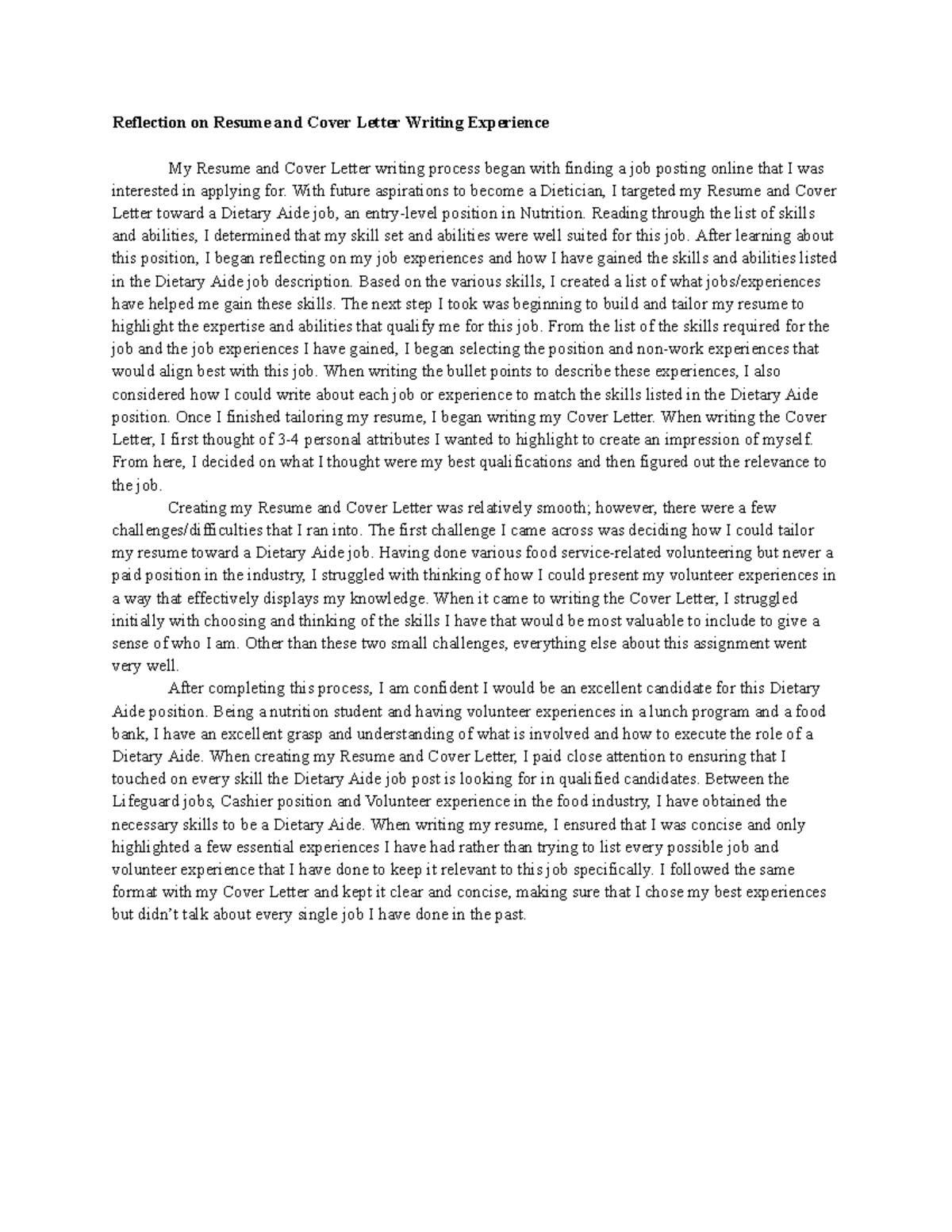 Targeted Application and Linked In Assignment - Reflection on Resume ...