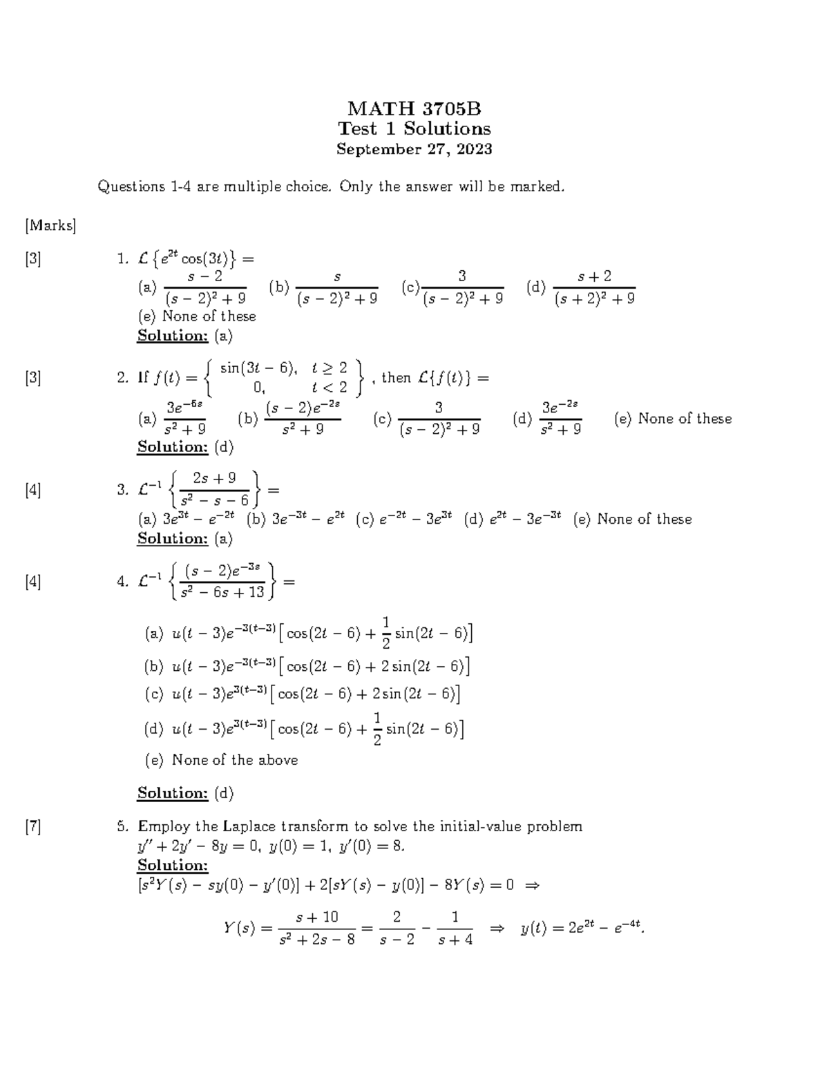 MATH3705BTest 1Solutions - Test 1 SolutionsMATH 3705B September 27 ...