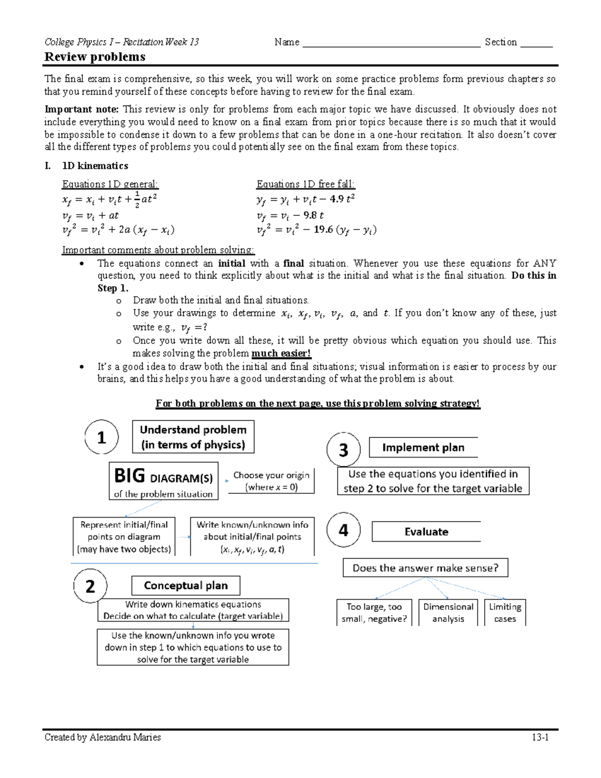 CP1 Recitation tutorial - Week 13 - Review problems-1 - College Physics I – Recitation Week 13 ...