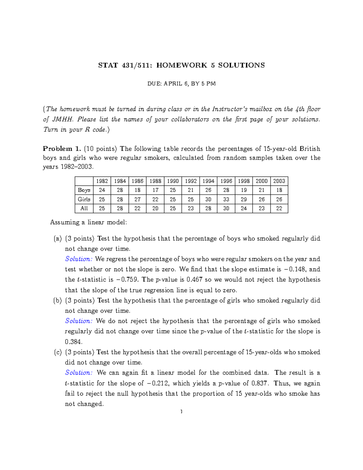 Solution HW 5 for Criminology - STAT 431/511: HOMEWORK 5 SOLUTIONS DUE ...