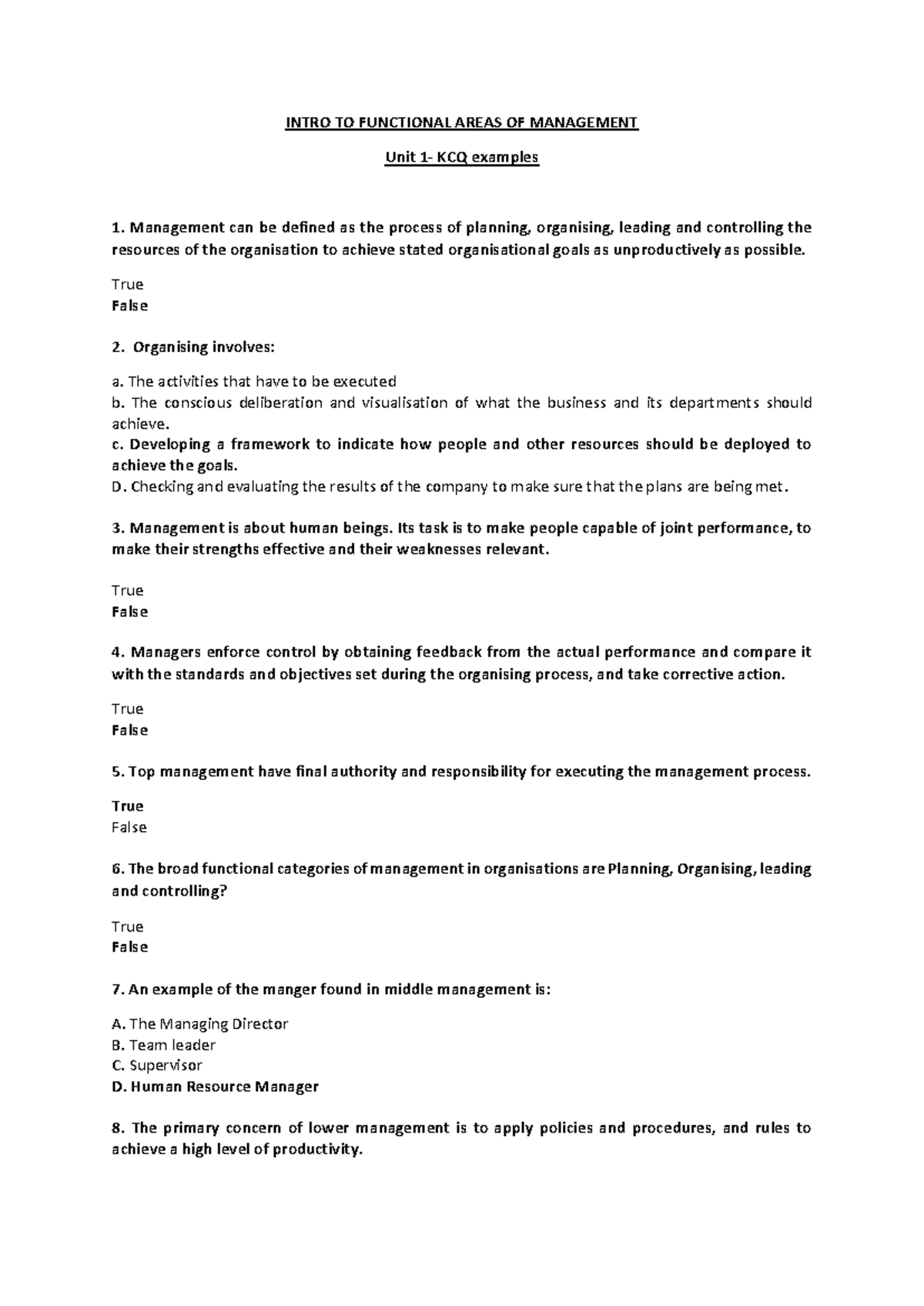 Unit 1 KCQ Questions - Practical examples - INTRO TO FUNCTIONAL AREAS ...