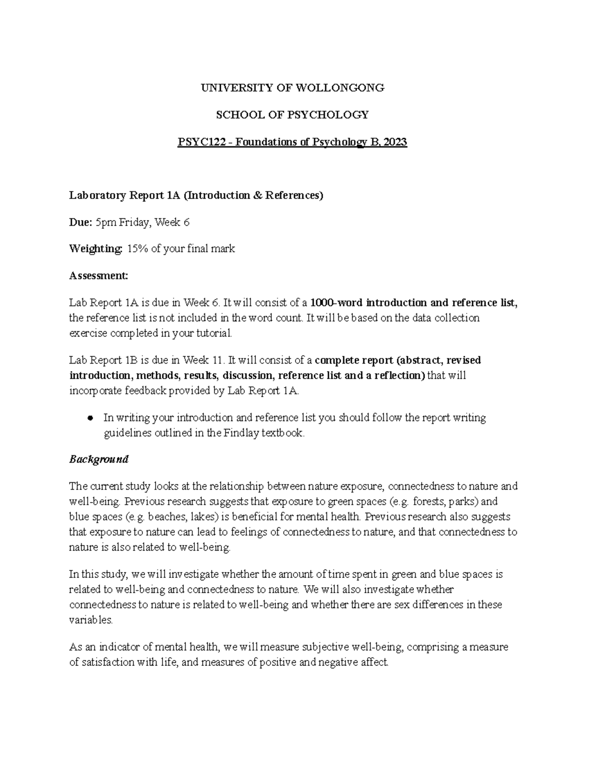 PSYC122 - Lab Report - 6789730 - UNIVERSITY OF WOLLONGONG SCHOOL OF ...