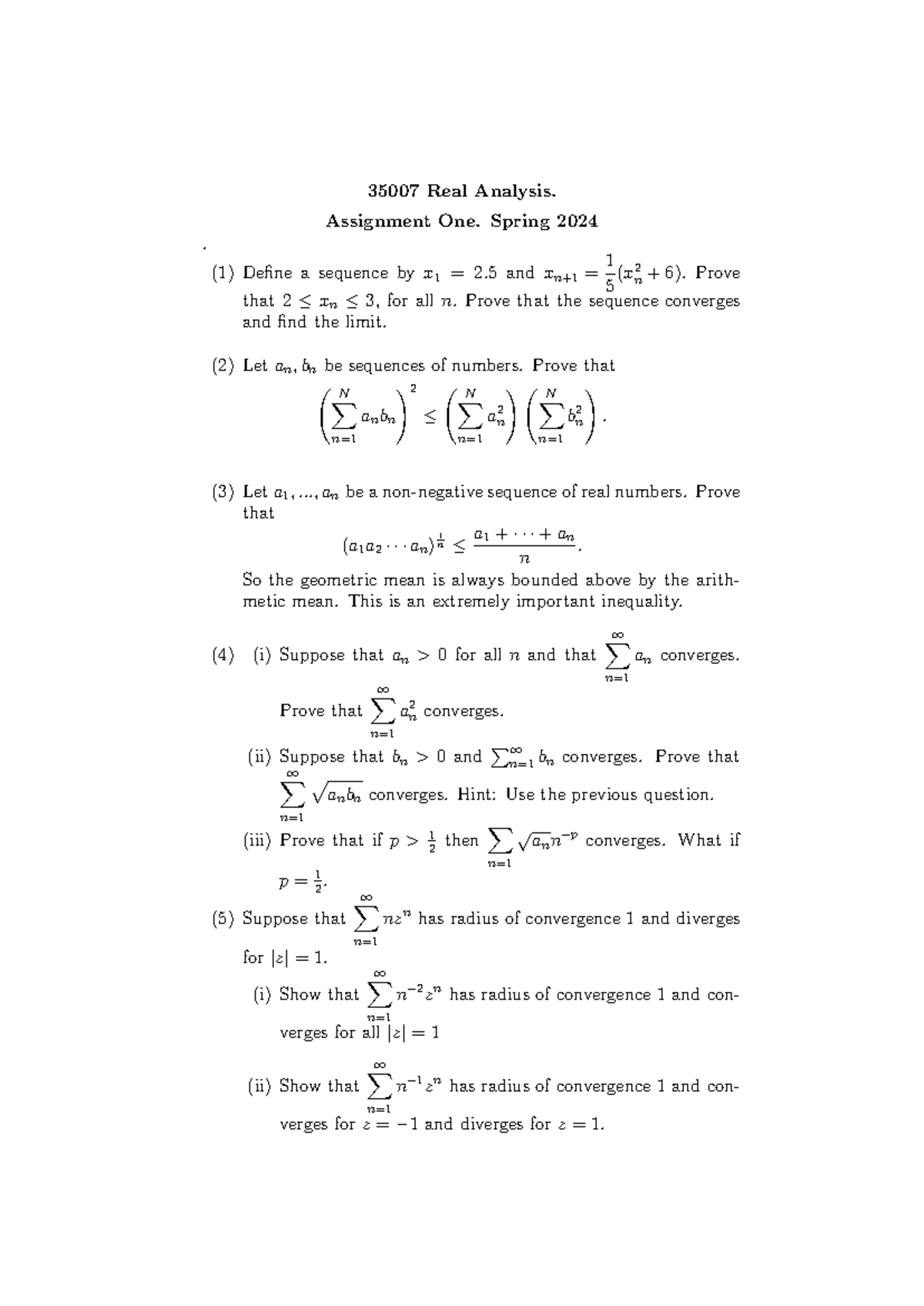 Real Analysis Ass 1-2024-1 - 35007 Real Analysis. Assignment One. Spring 2024 . (1) Define a ...