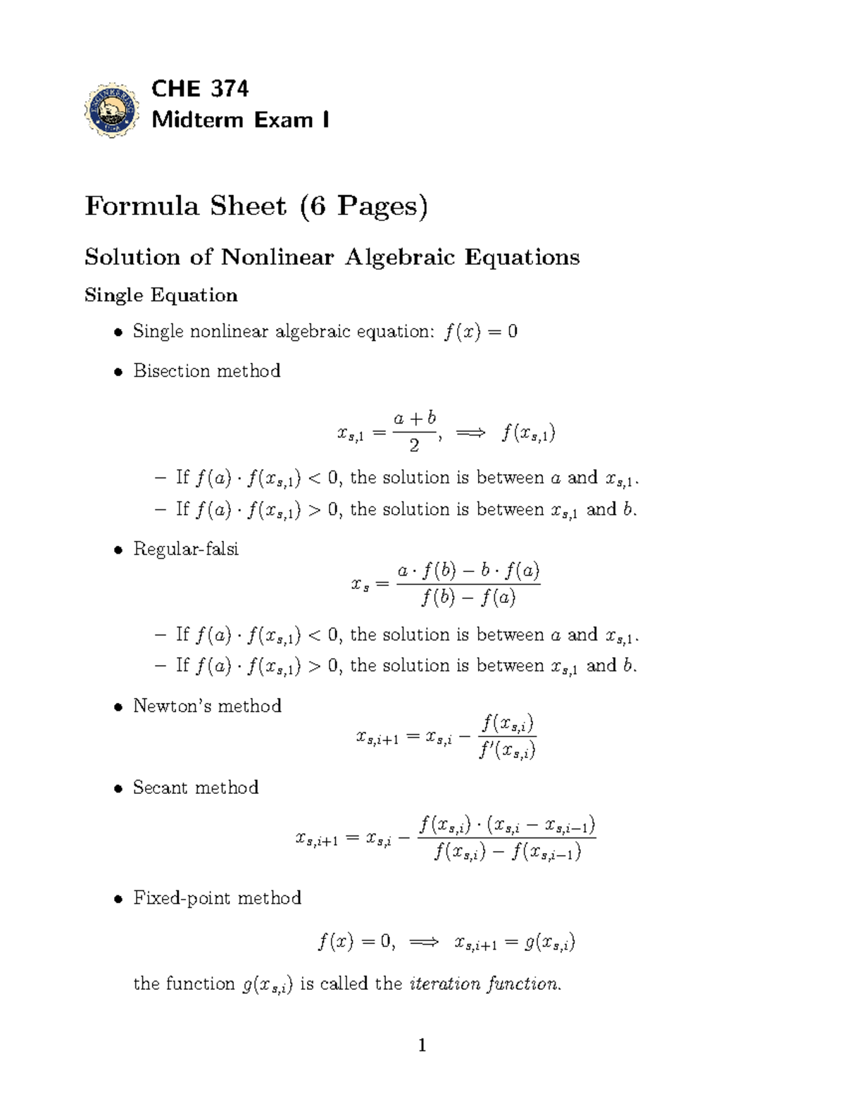 Formulasheet - ch e 374 - CHE 374 Midterm Exam I Formula Sheet (6 Pages) Solution of Nonlinear ...