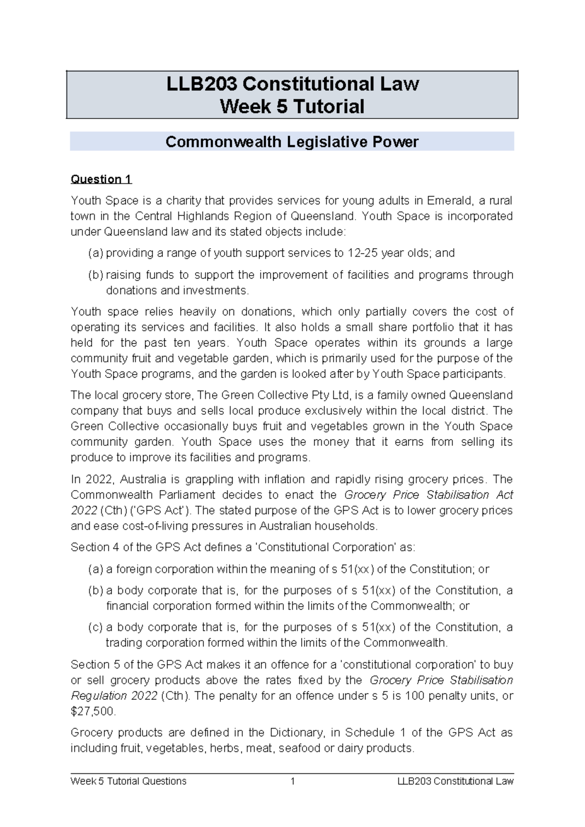 LLB203 Week 5 Tutorial Questions - LLB203 Constitutional Law Week 5 ...