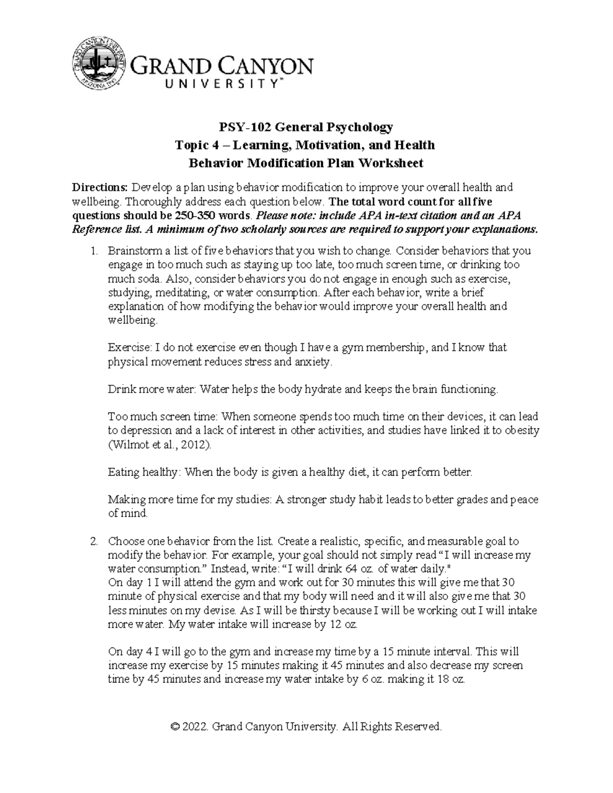 Behavior Modification Plan - PSY-102 General Psychology Topic 4 ...