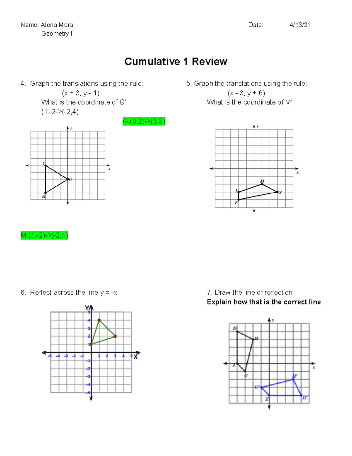 Geometry I Cumulative Review: Translations Reflections Rotations ...