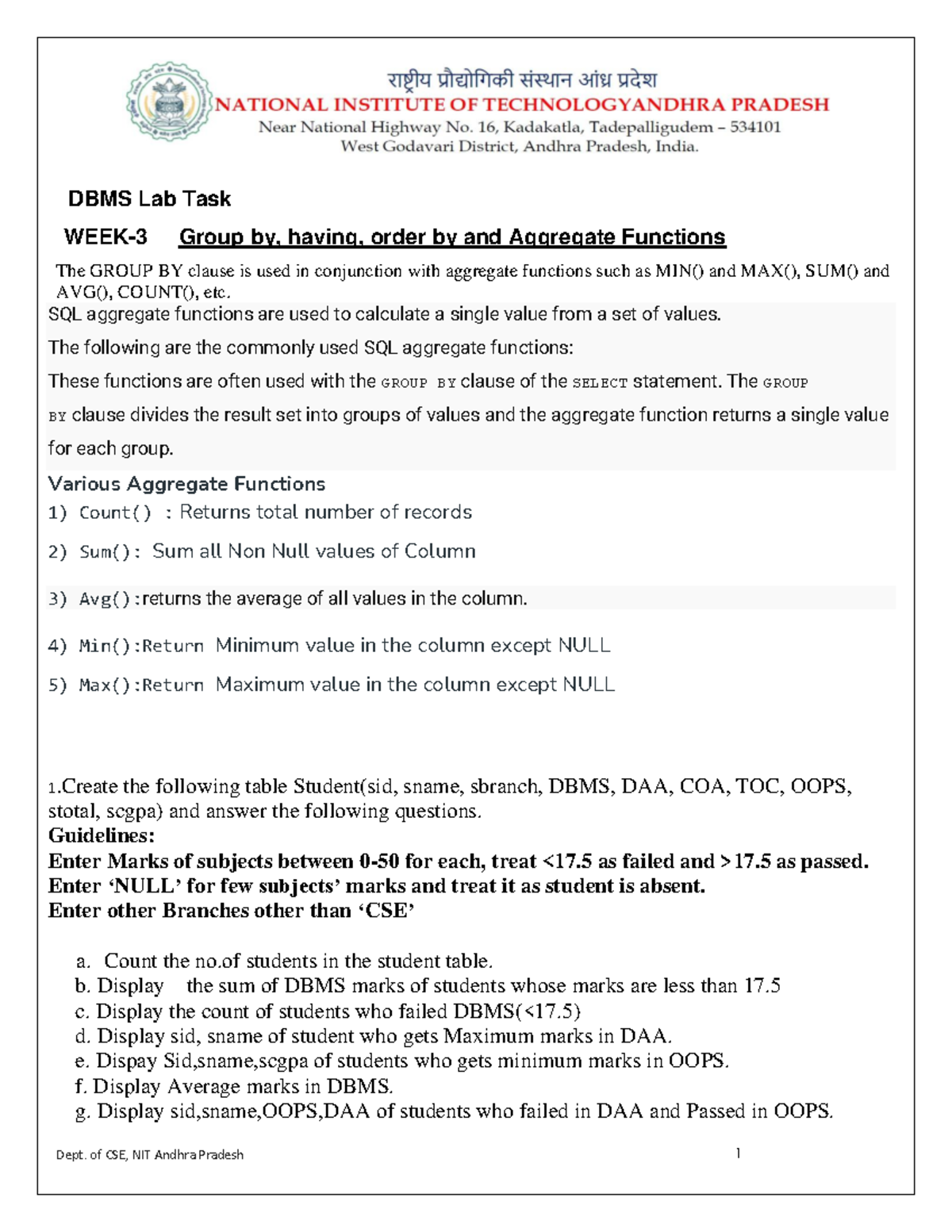 Worksheet week3-1 - Useful for gaining understandingn on mysql queries ...