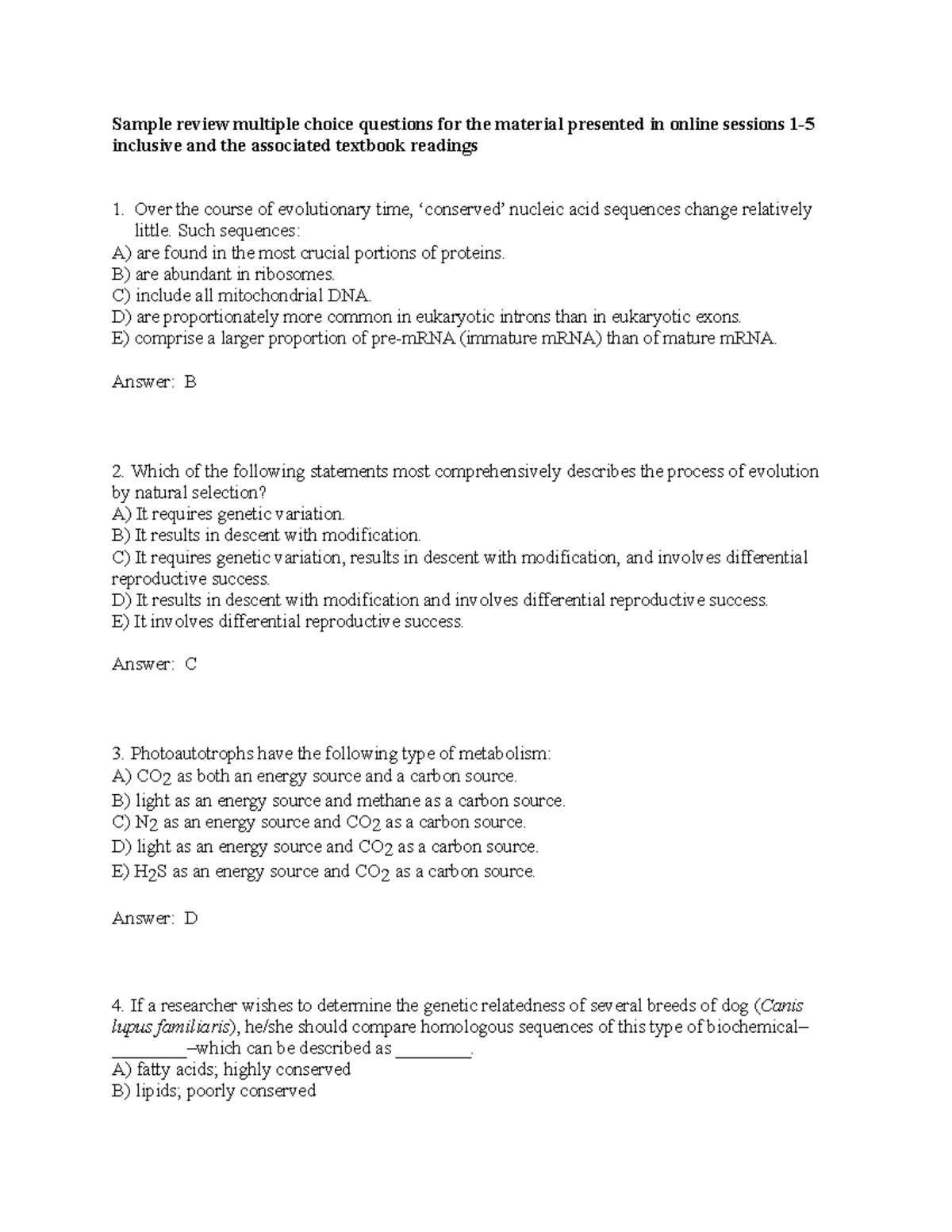 Sample review multiple choice questions Lectures 1-5 2023 WITH Answers ...