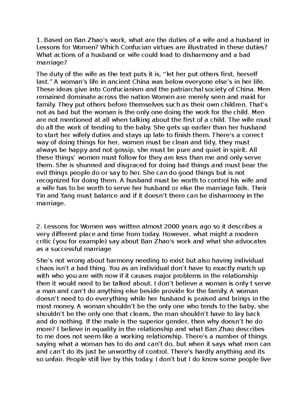 DBQ Women in Ancient China - Based on Ban Zhao’s work, what are the ...