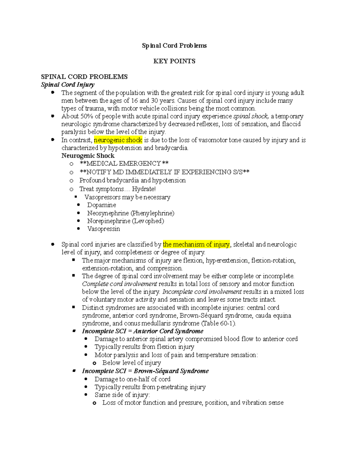 Spinal Cord Key Points - Lecture notes - Spinal Cord Problems KEY ...