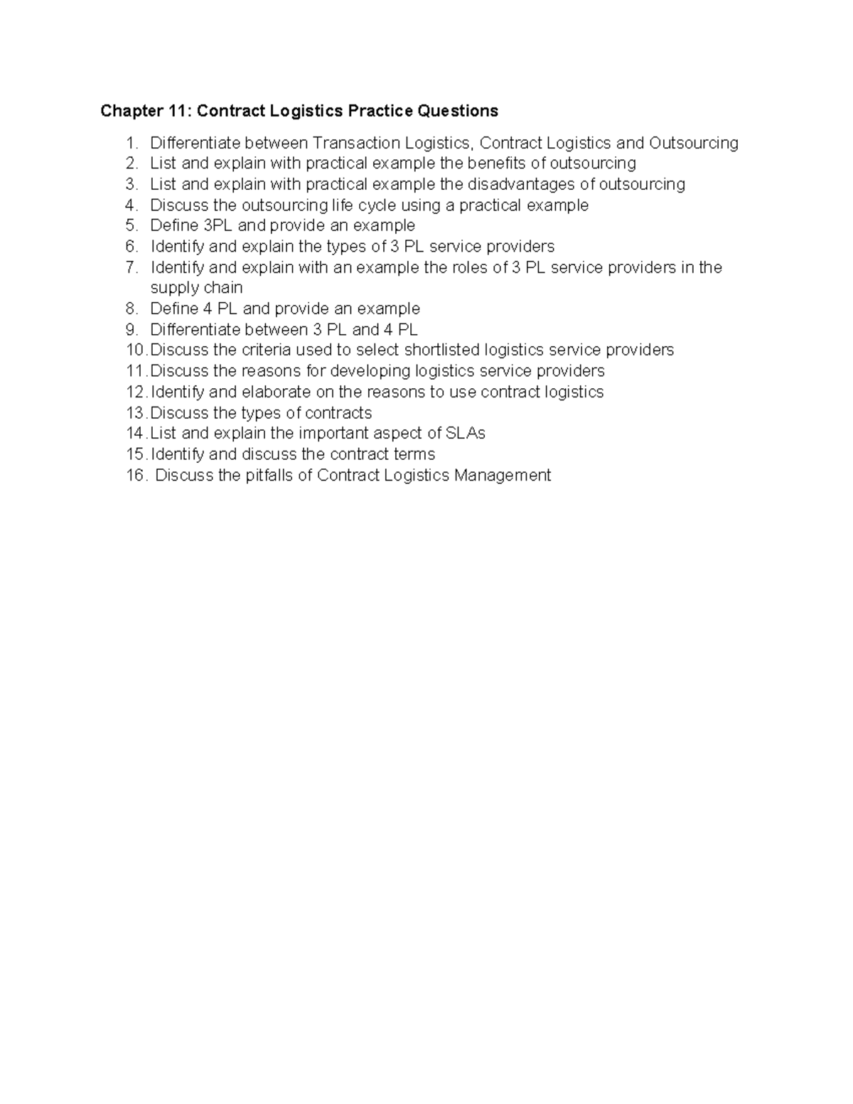 Chapter 11 Contract Logistics Practice Questions - Chapter 11: Contract ...