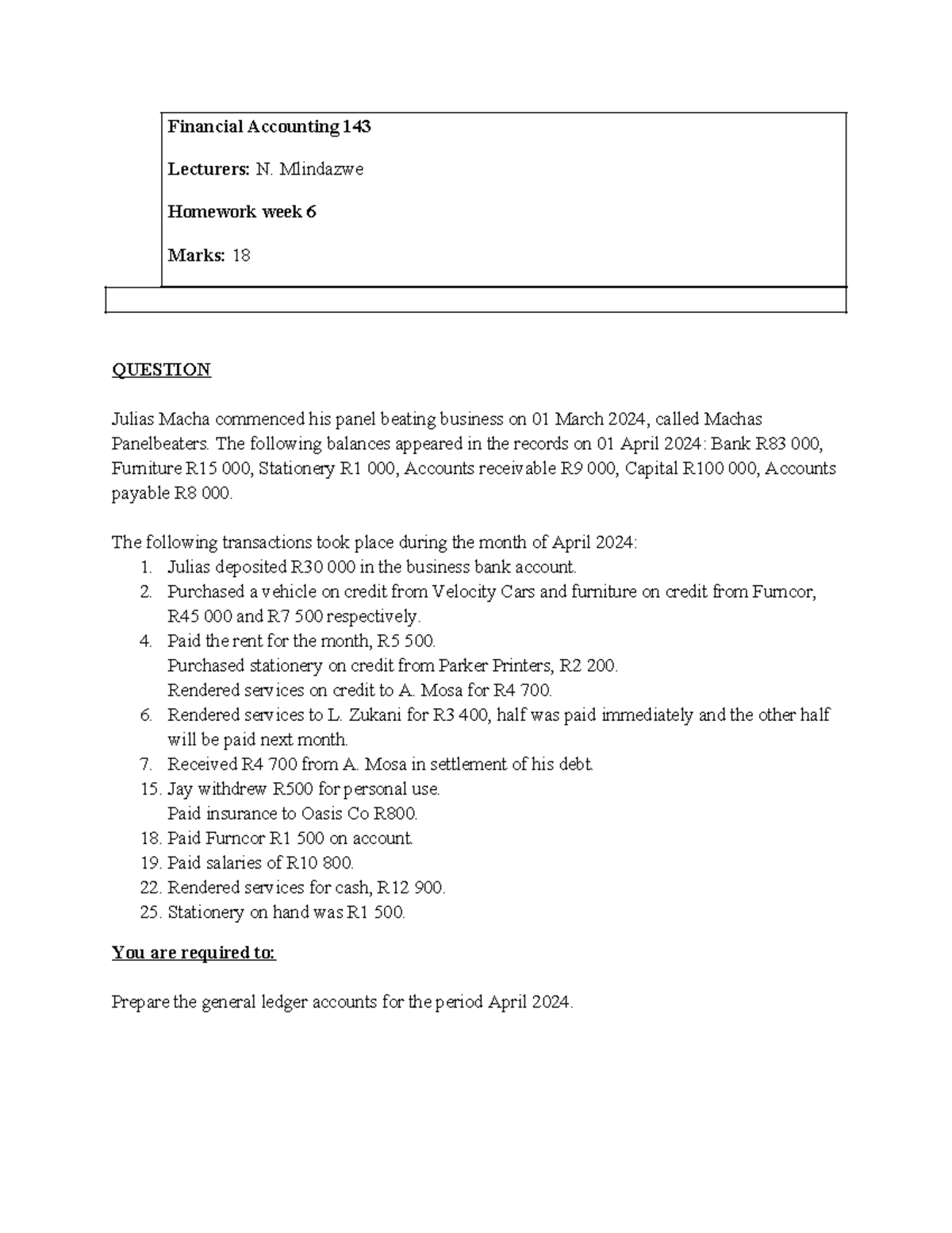 HW for week 6 - tutorial homework - Financial Accounting 143 Lecturers ...