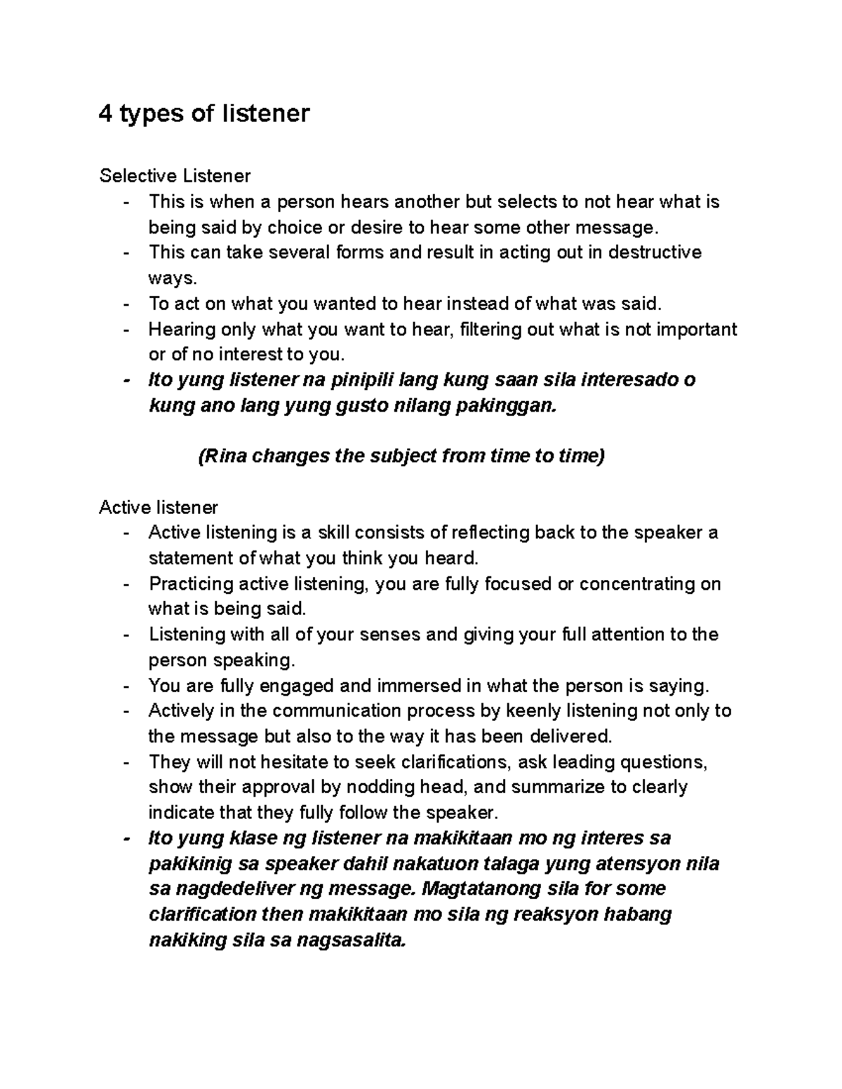 Types of listener - lecture - 4 types of listener Selective Listener ...