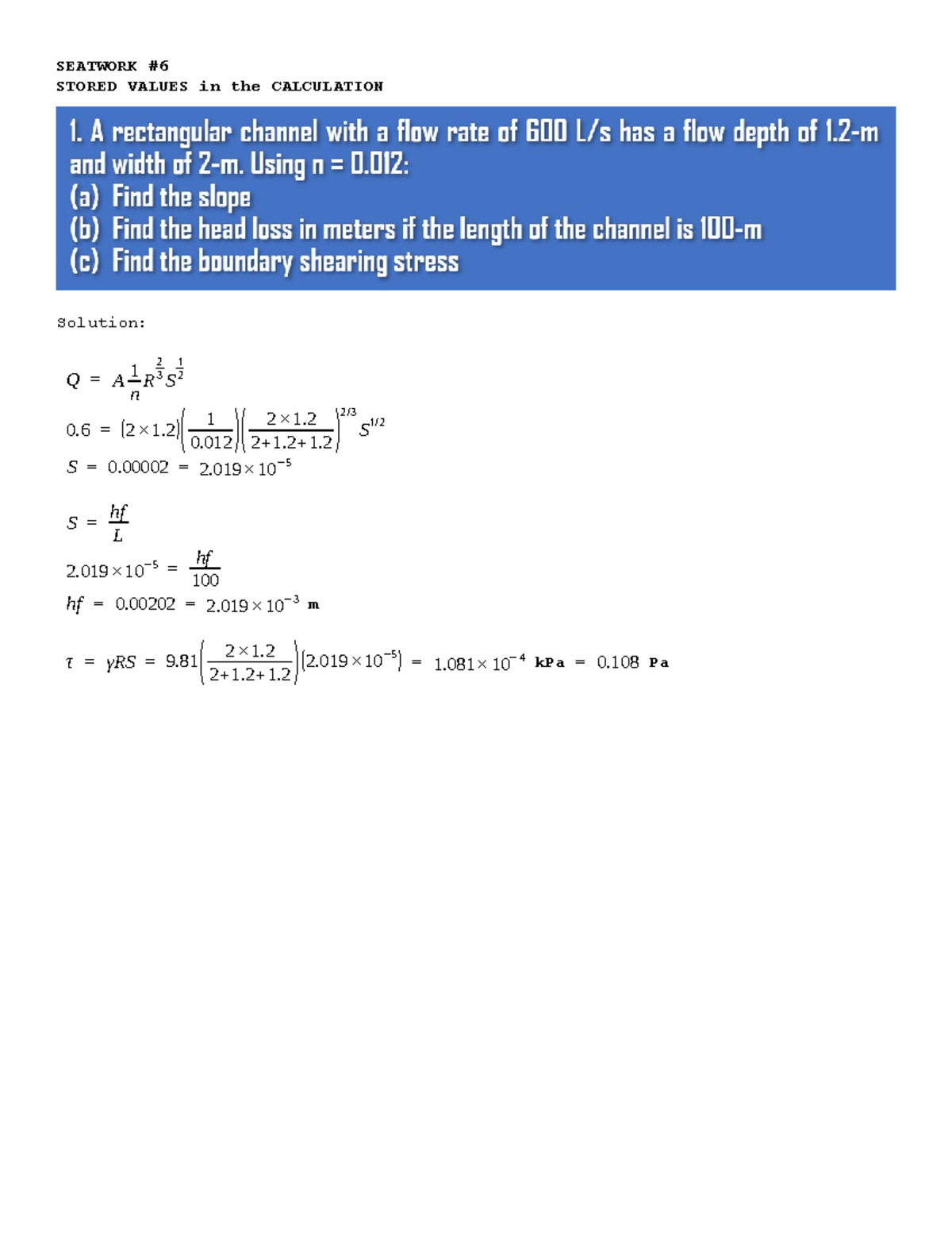 Seatwork-6 - seatwork - SEATWORK STORED VALUES in the CALCULATION ...
