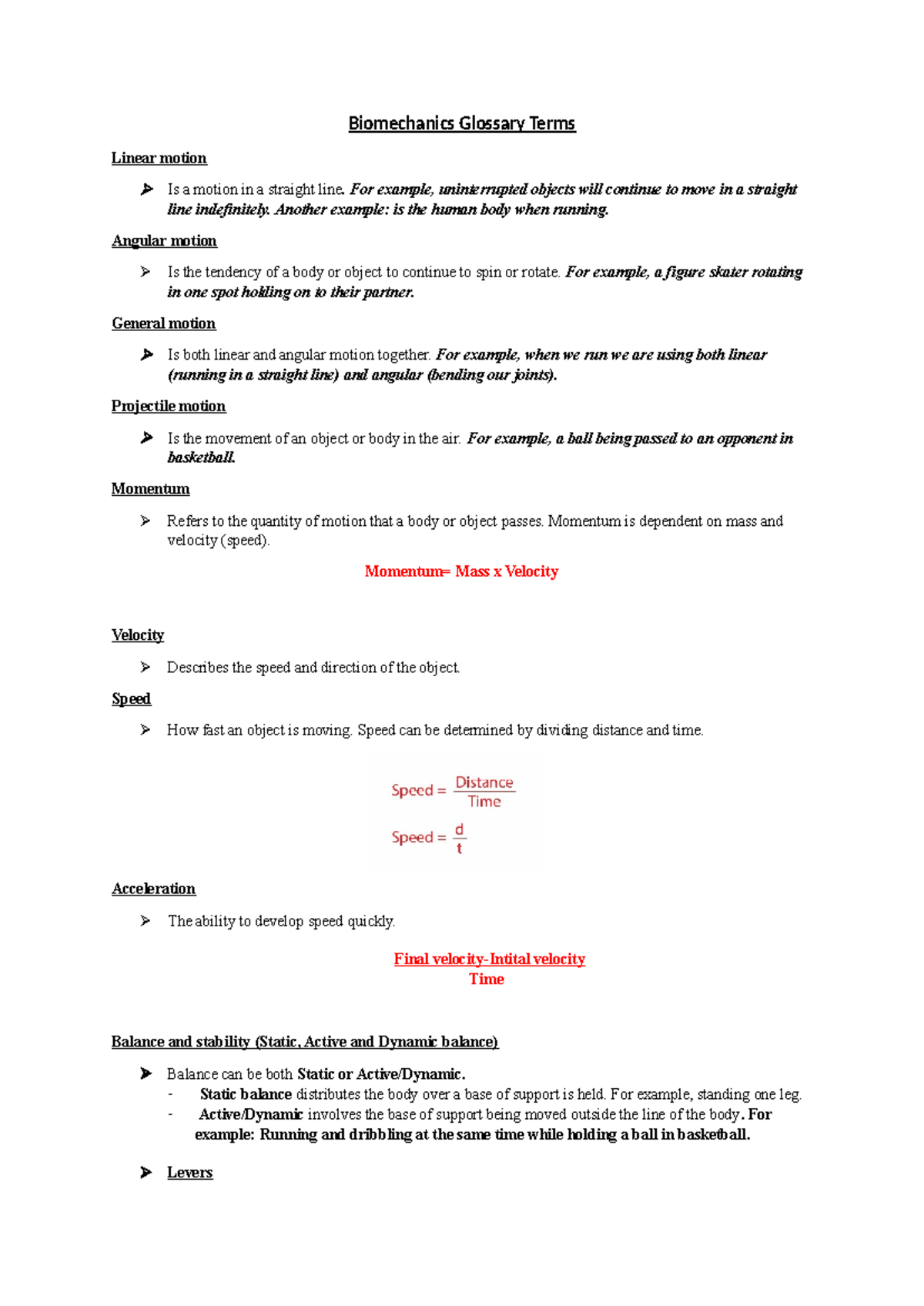 Biomechanics Glossary Terms - Biomechanics Glossary Terms Linear motion ...